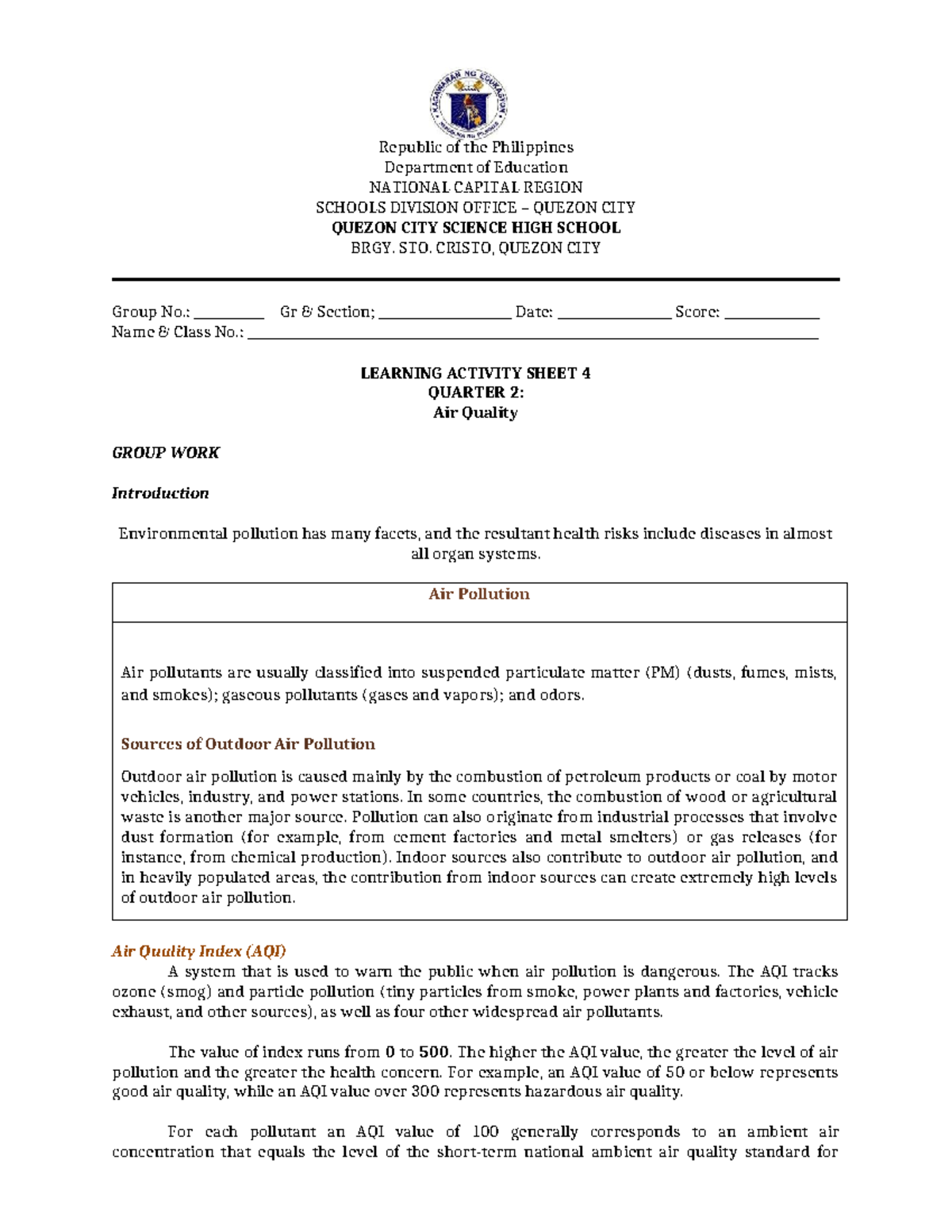 Q2 LAS 4 Air Quality - grade 7 envi sci - Republic of the Philippines ...