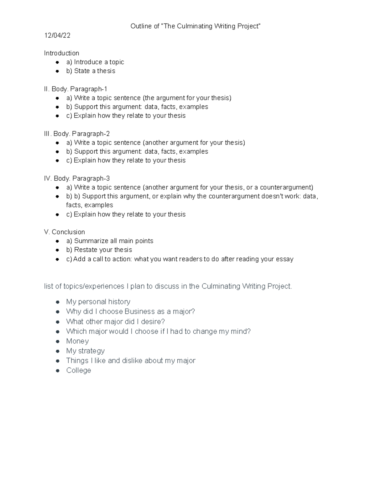 Outline-3 - Ms crvara - Outline of “The Culminating Writing Project” 12 ...