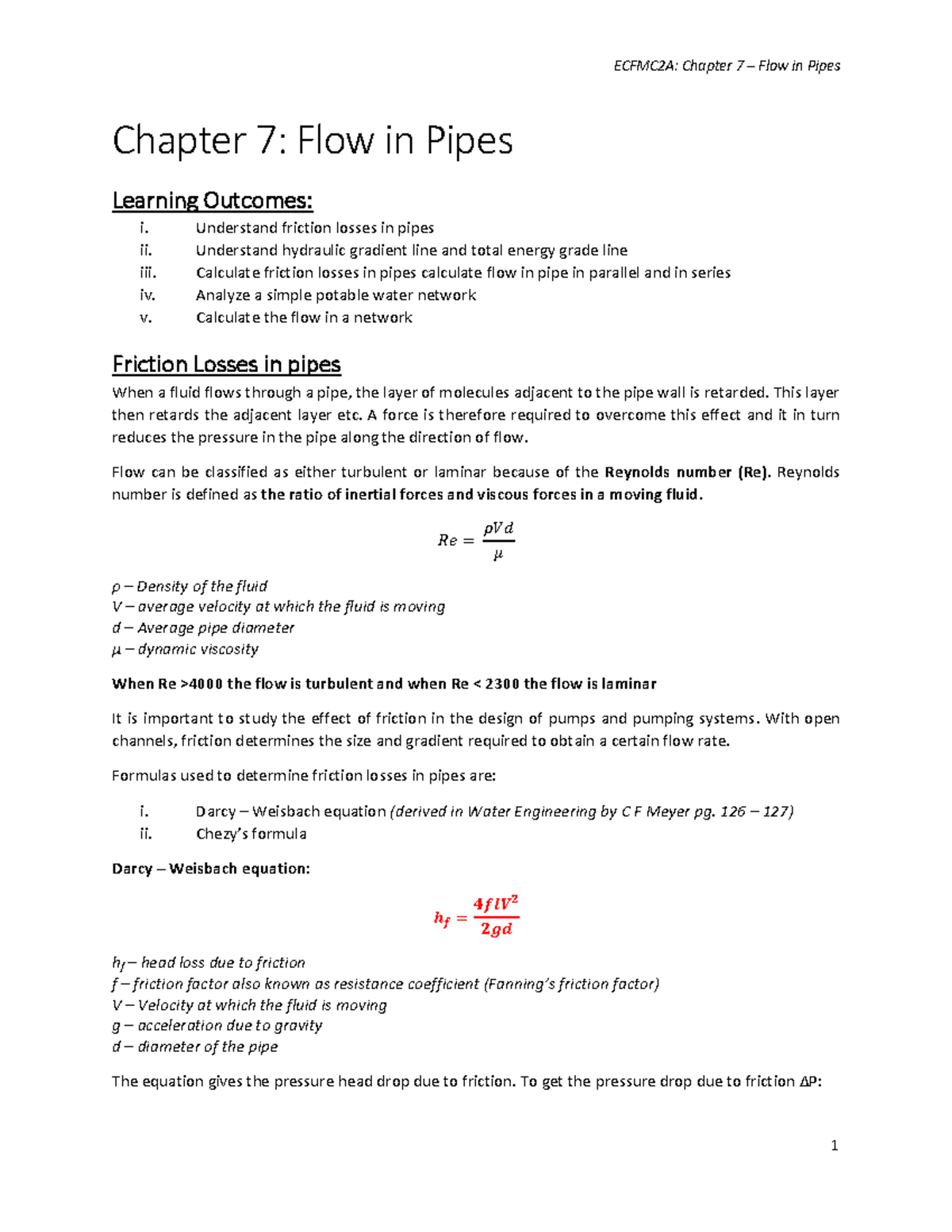 Chapter 7 - Flow in Pipes - Chapter 7: Flow in Pipes Learning Outcomes ...