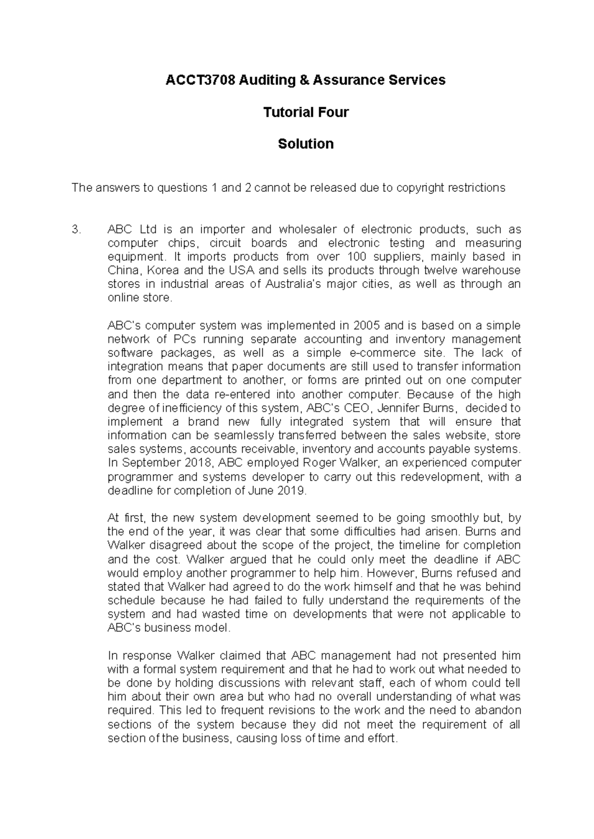 Tutorial Questions Week 4 ( Solution) - ACCT3708 Auditing & Assurance Services Tutorial Four ...