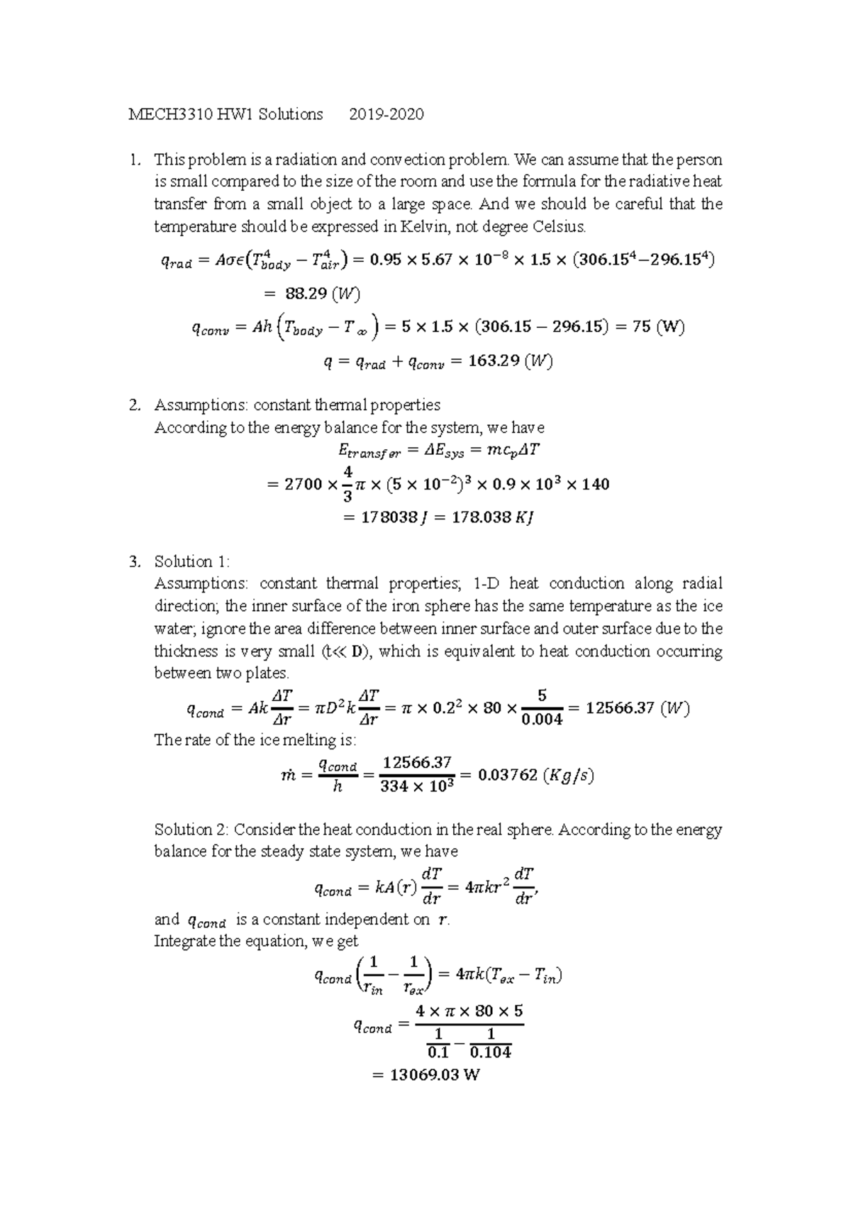 Solution of HW1-Heat Transfer - Warning: TT: undefined function: 3 MECH3310 HW1 Solutions 2019 ...