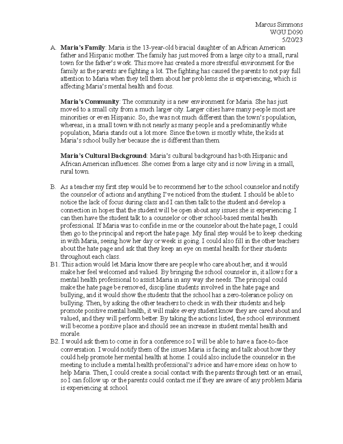 WGU Task 2 - Task 2 - Marcus Simmons WGU D 5/20/ A. Maria’s Family ...