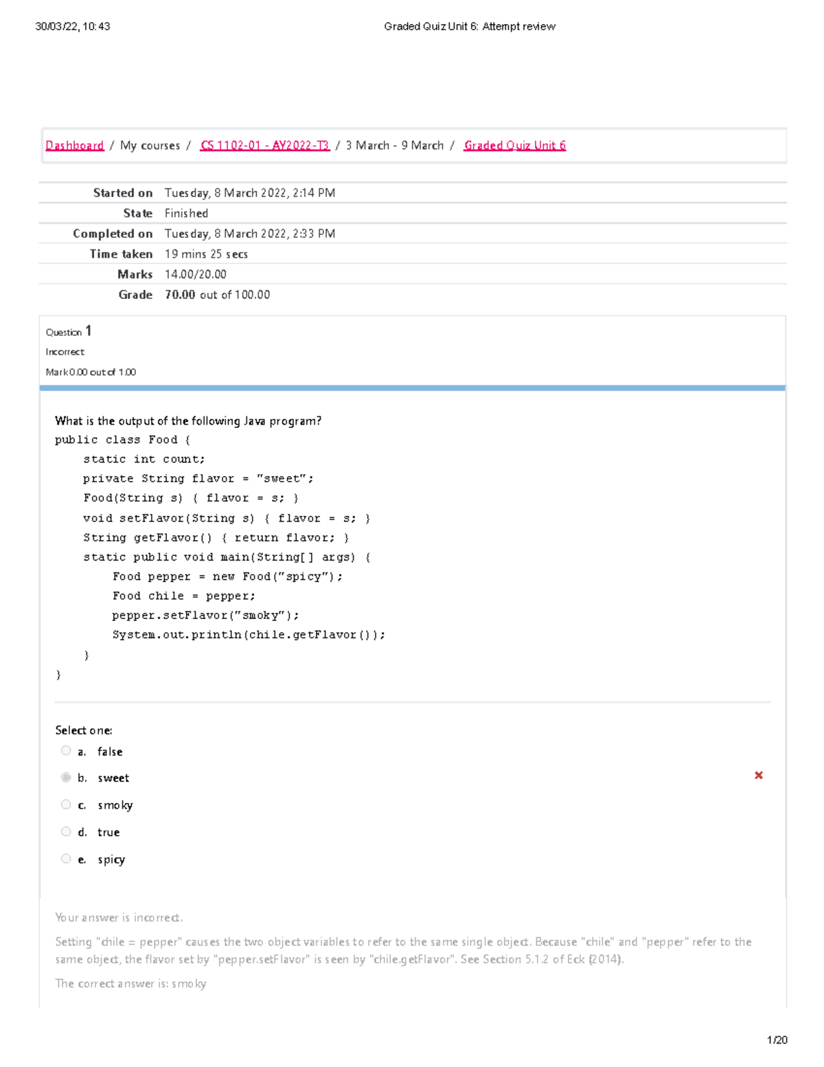 Graded Quiz Unit 6 - Practice material to improve your knowledge CS 1102 - Started on Tuesday, 8 ...