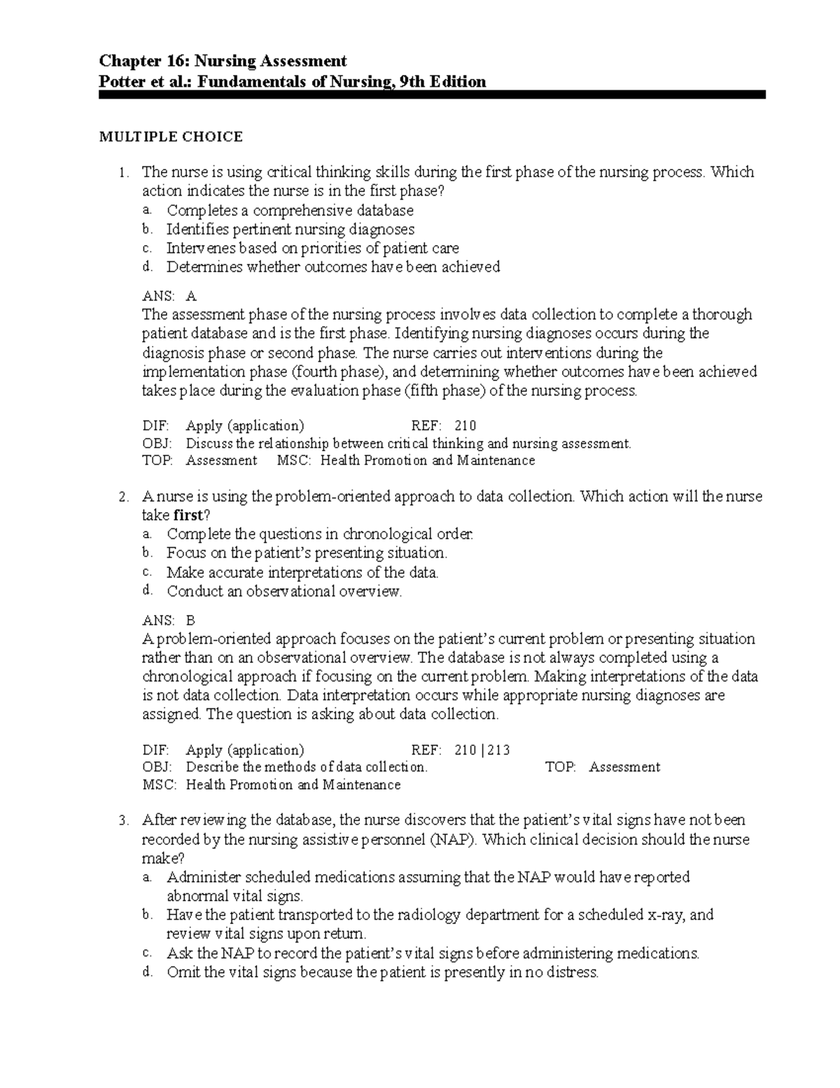 C16 - Nursing fundamentals - Chapter 16: Nursing Assessment Potter et ...