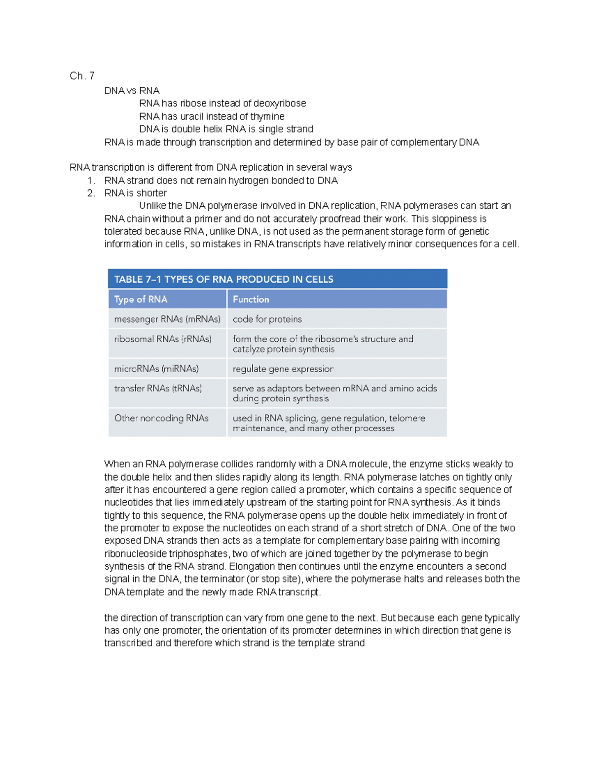 Cell bio test 3 notes - exam 3 study guide - Ch. 7 DNA vs RNA RNA has ...