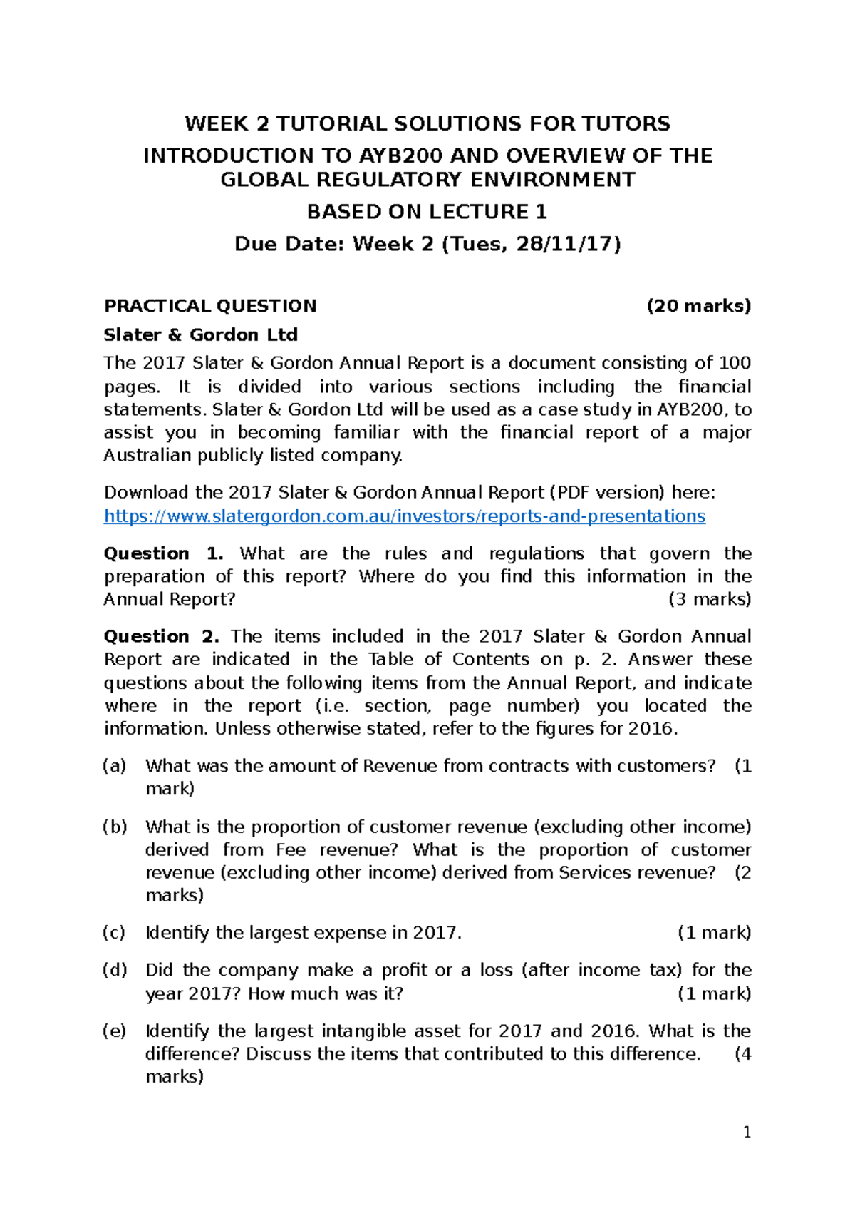 1703 Lecture 1 Tutorial Solution BB - WEEK 2 TUTORIAL SOLUTIONS FOR TUTORS INTRODUCTION TO ...