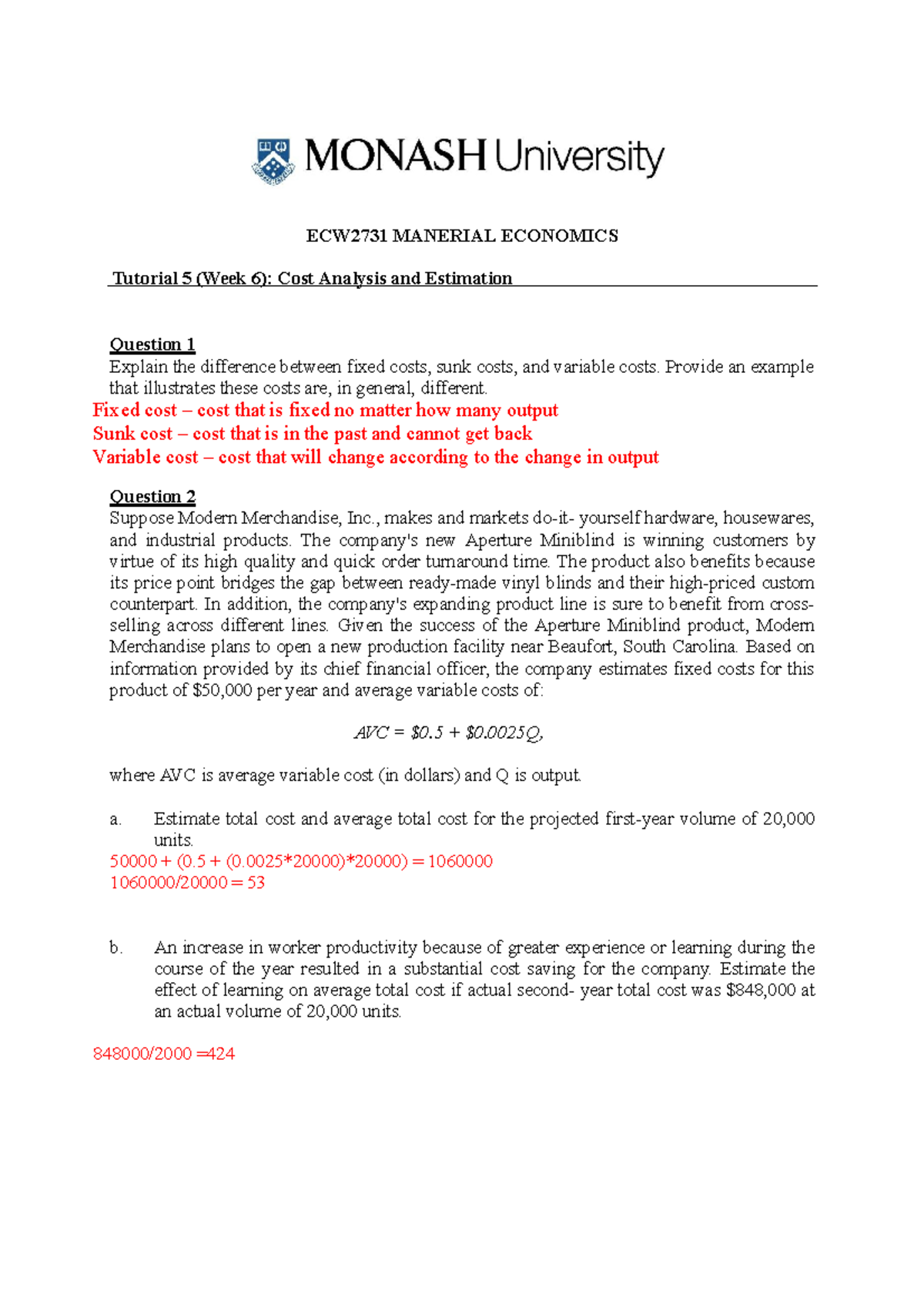Ecw2731 week 5 tutorial - ECW2731 MANERIAL ECONOMICS Tutorial 5 (Week 6 ...