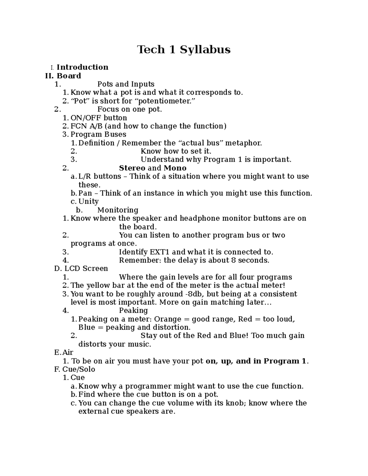 Audio Recording Tech 1 Syllabus - Student Edition - Tech 1 Syllabus I ...