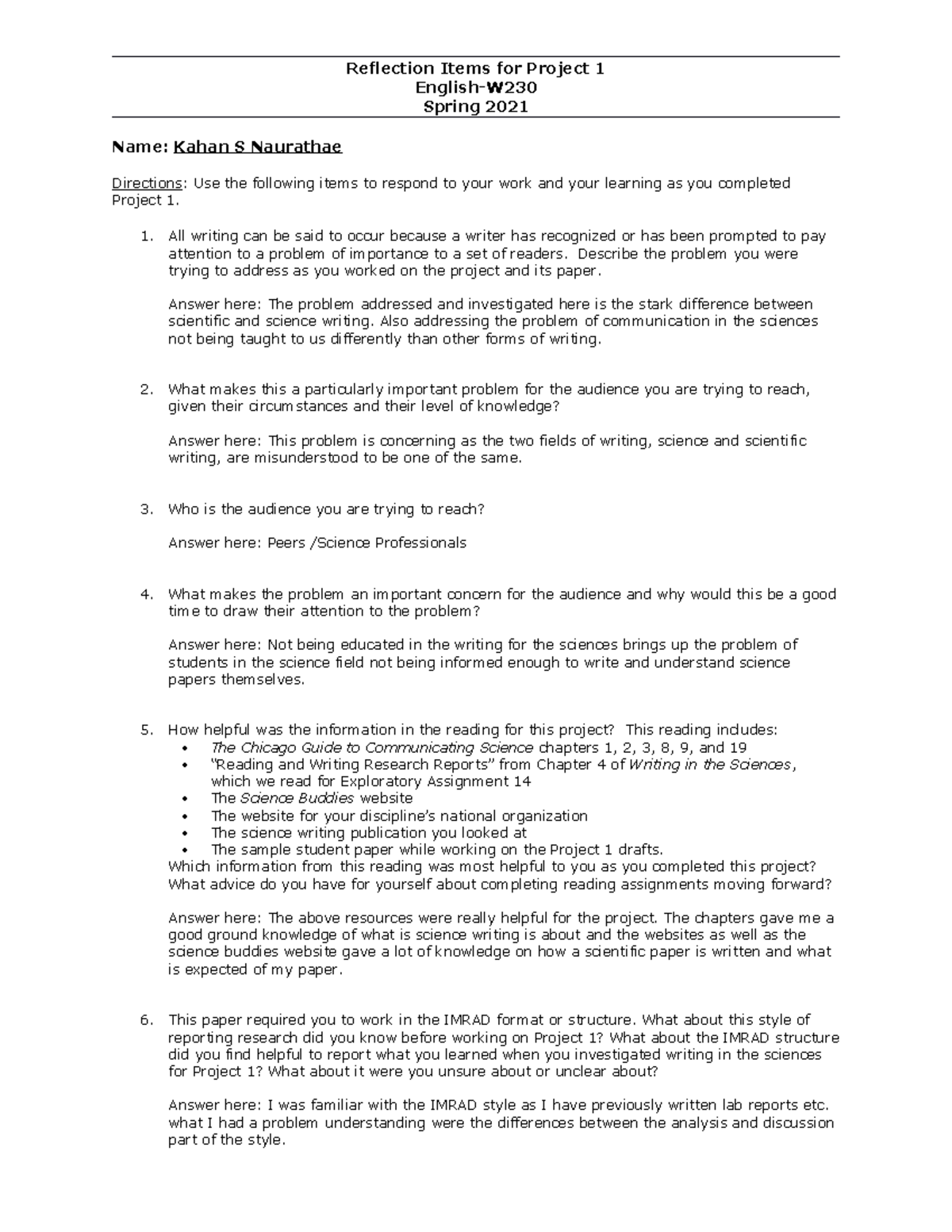 Naurathae Reflection Project 1 - Reflection Items for Project 1 English ...