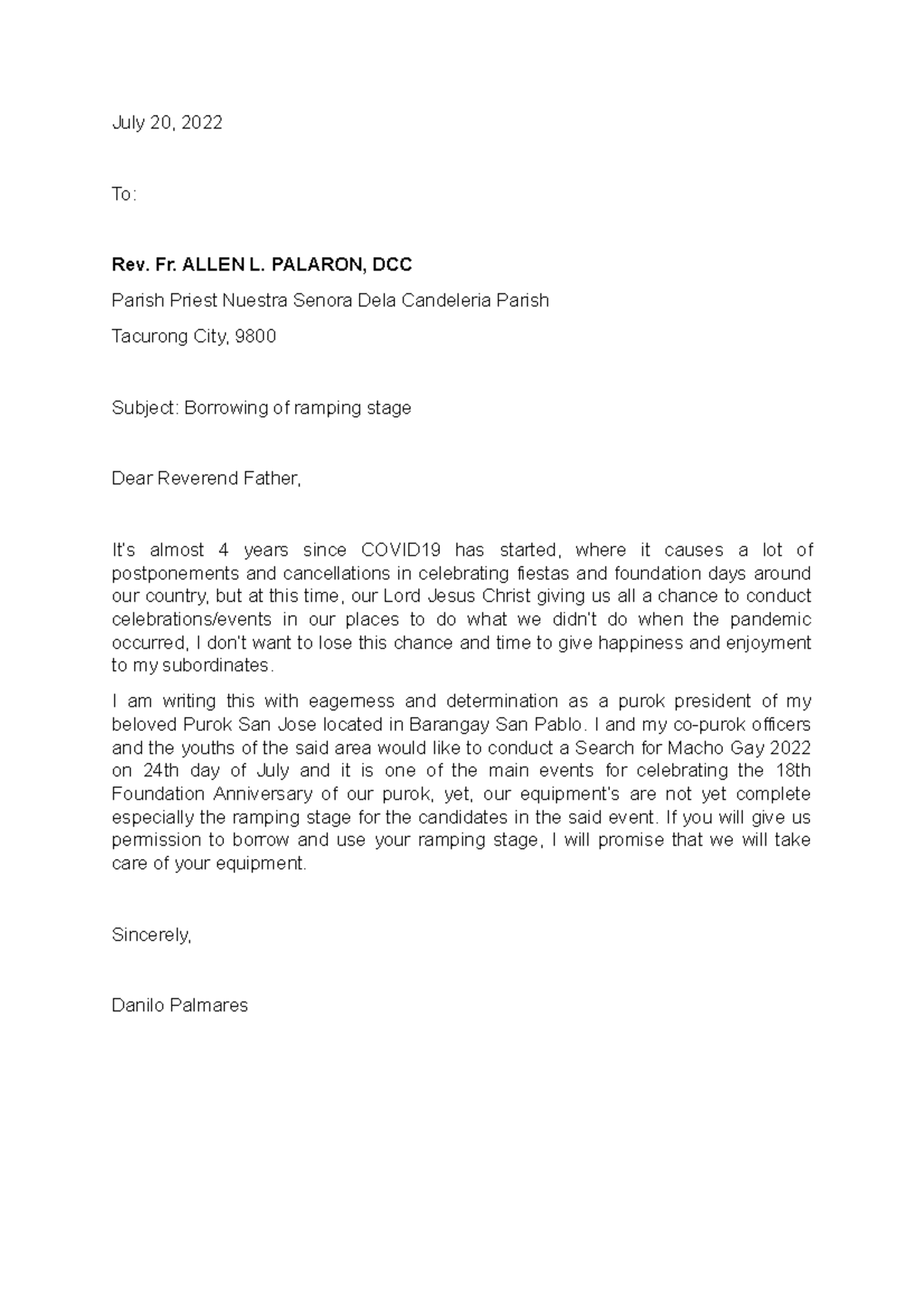 Request-Letter - DAD - July 20, 2022 To: Rev. Fr. ALLEN L. PALARON, DCC ...
