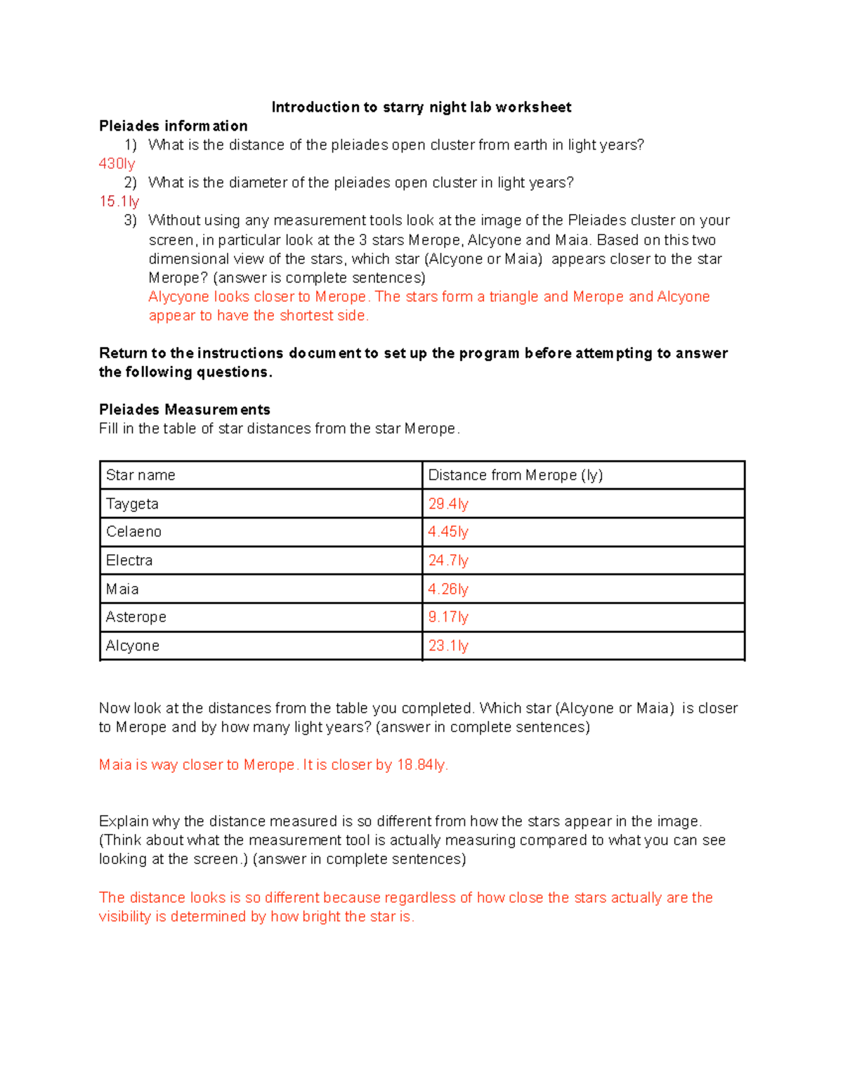 Introduction to starry night lab worksheet - Based on this two ...