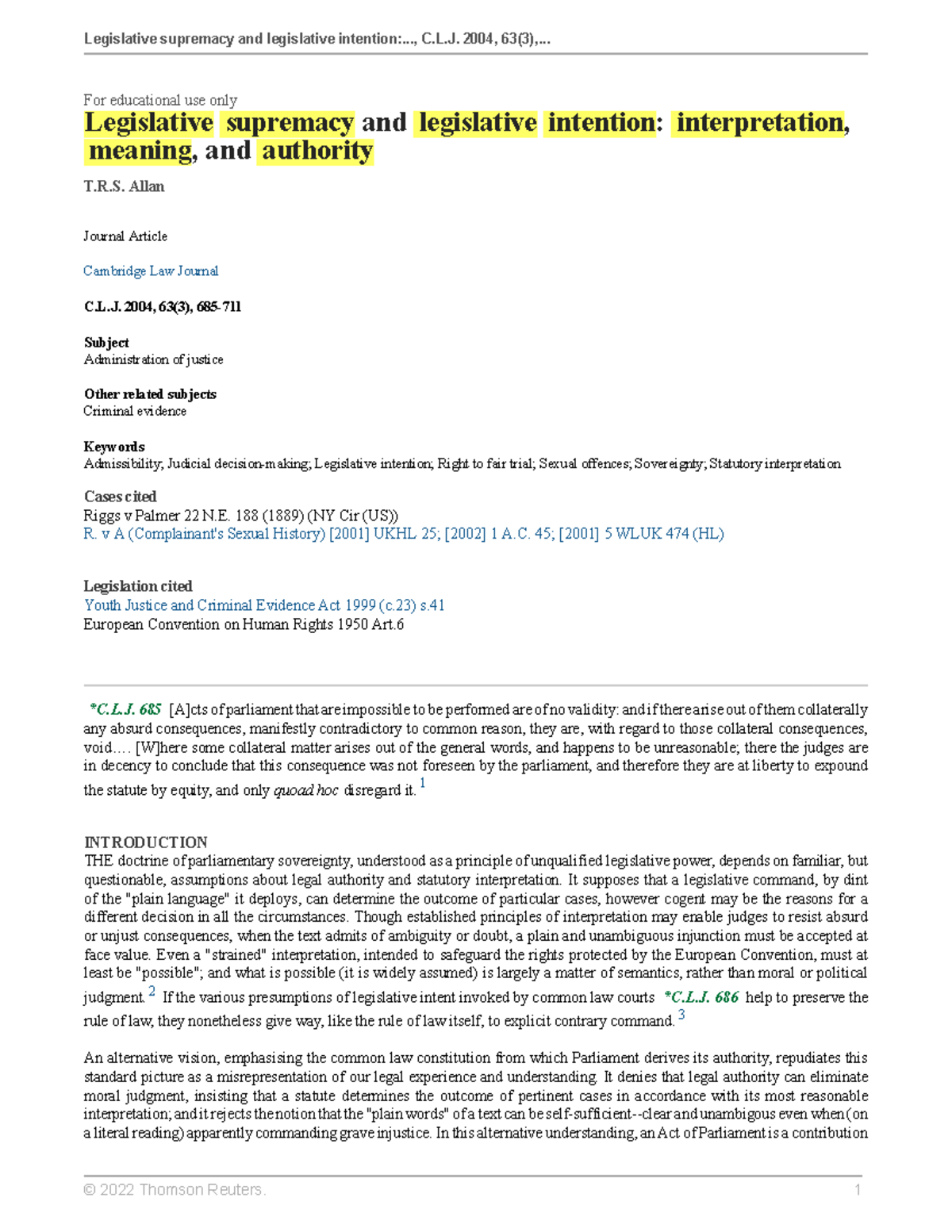 Legislative supremacy and legislative intention interpretation meaning ...