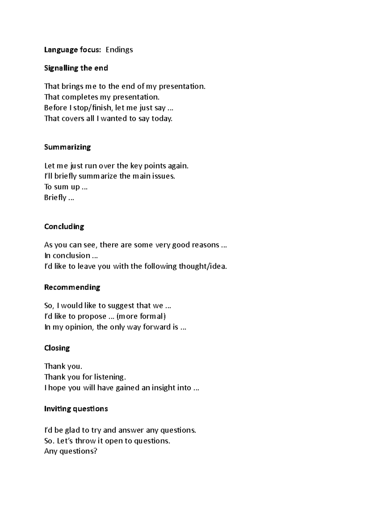 Language focus Endings - Language focus: Endings Signalling the end ...