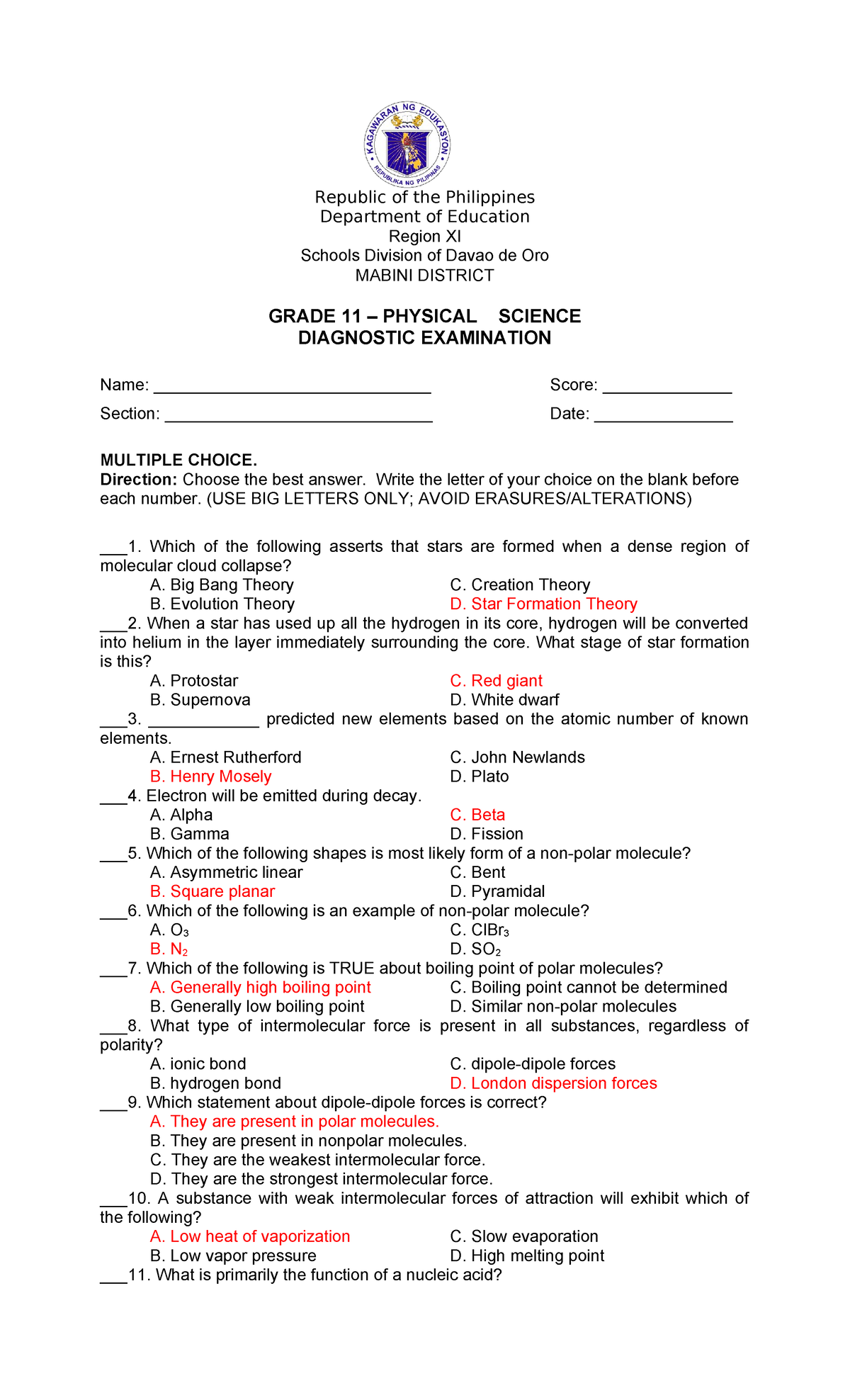 TQ-G11- Physical Science - Republic of the Philippines Department of Education Region XI Schools ...