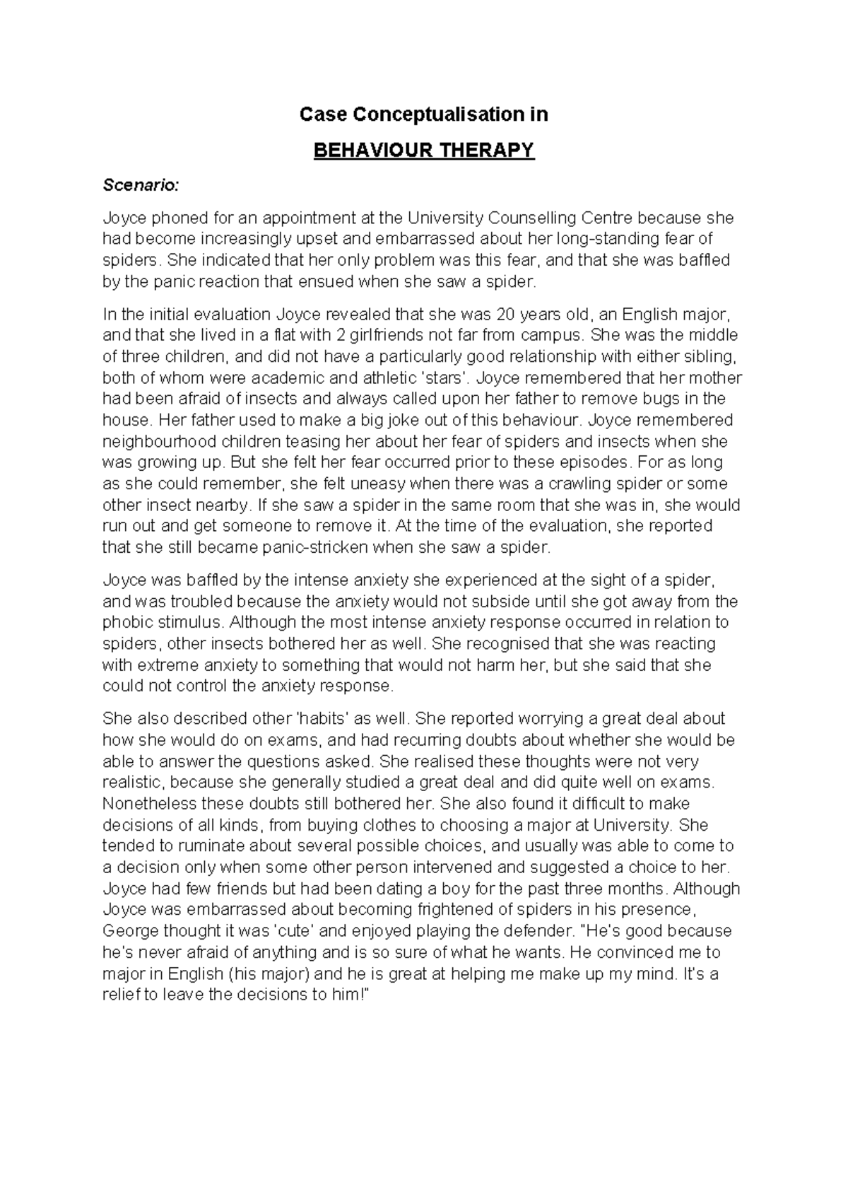 Behaviour therapy case study - Case Conceptualisation in BEHAVIOUR ...