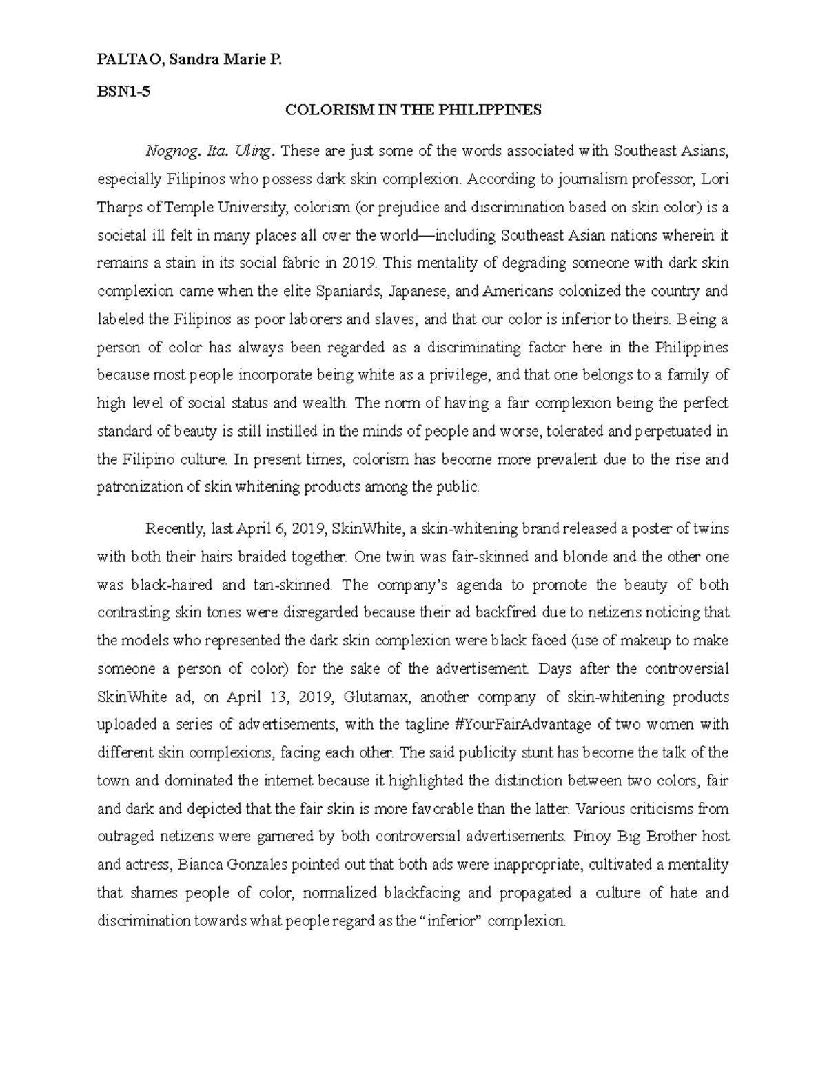 Colorism IN THE Philippines - PALTAO, Sandra Marie P. BSN1- COLORISM IN ...