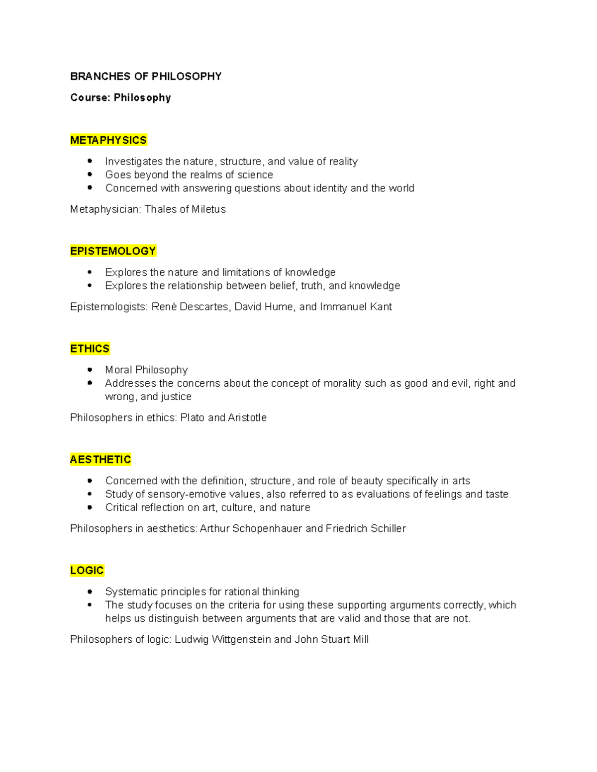 Branches OF Philosophy - BRANCHES OF PHILOSOPHY Course: Philosophy ...