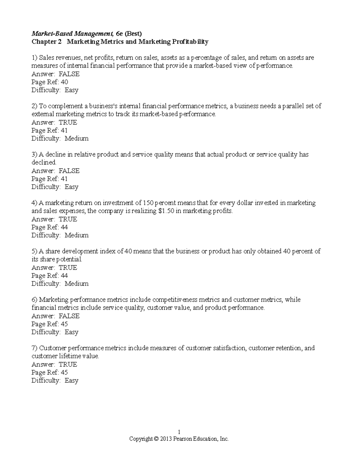 Sample/practice exam, questions and answers - Market-Based Management ...