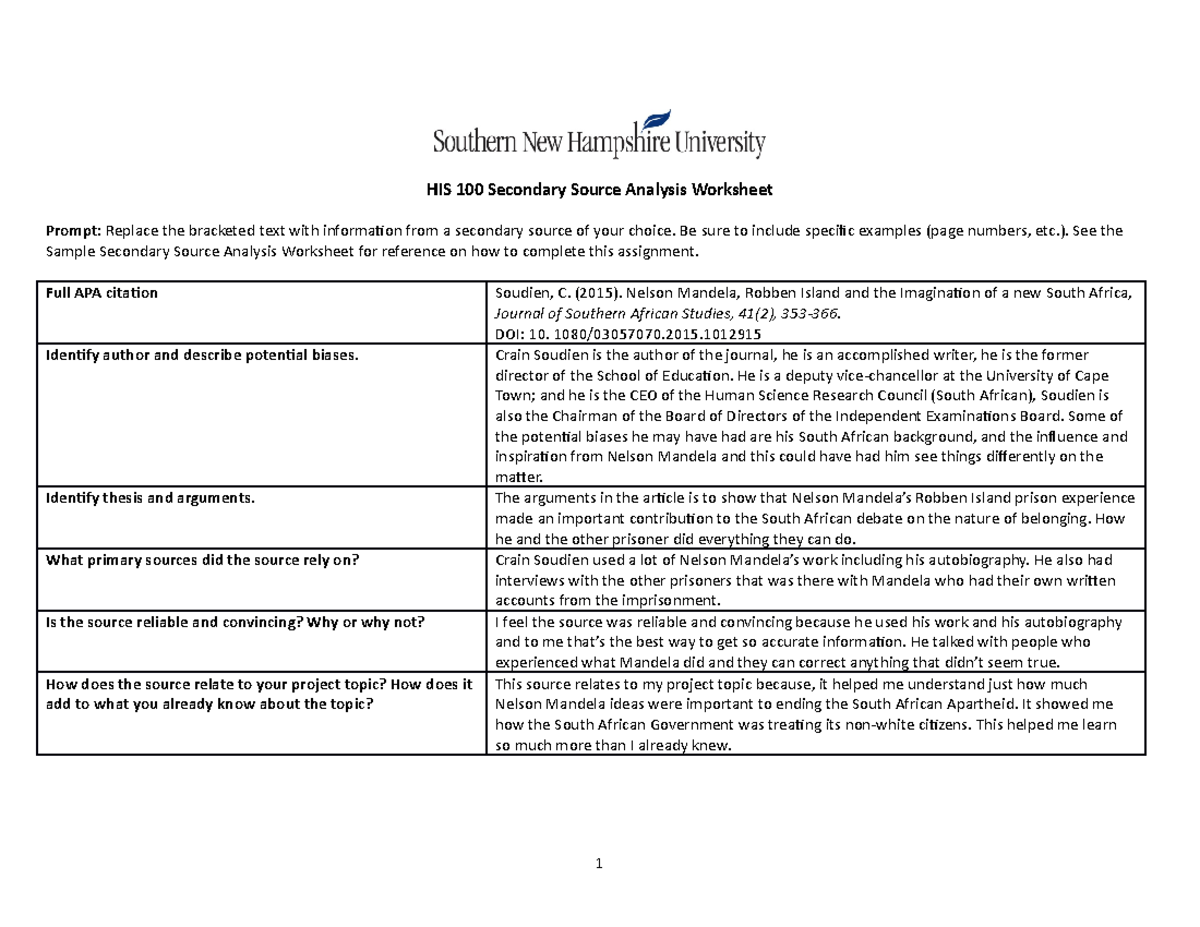 HIS 100 Secondary Source Analysis Worksheet - HIS 100 Secondary Source ...