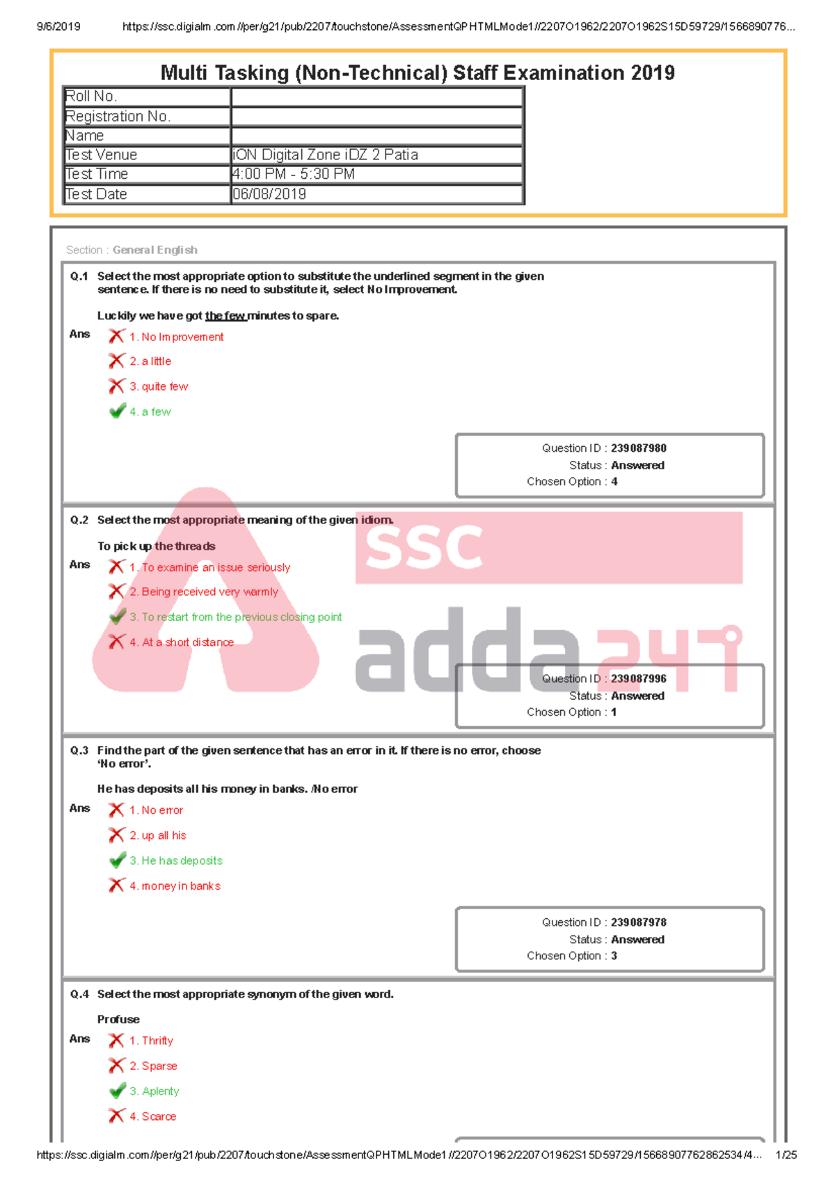 6s3 - Staff Selection Commission Answer key 2019 - Q Select the most appropriate option to - Studocu
