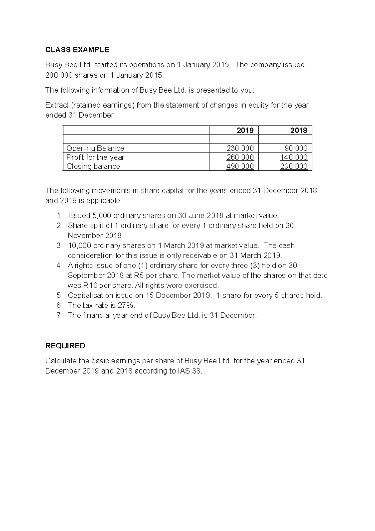 Class Example 1 - CLASS EXAMPLE Busy Bee Ltd. started its operations on 1 January 2015. The ...