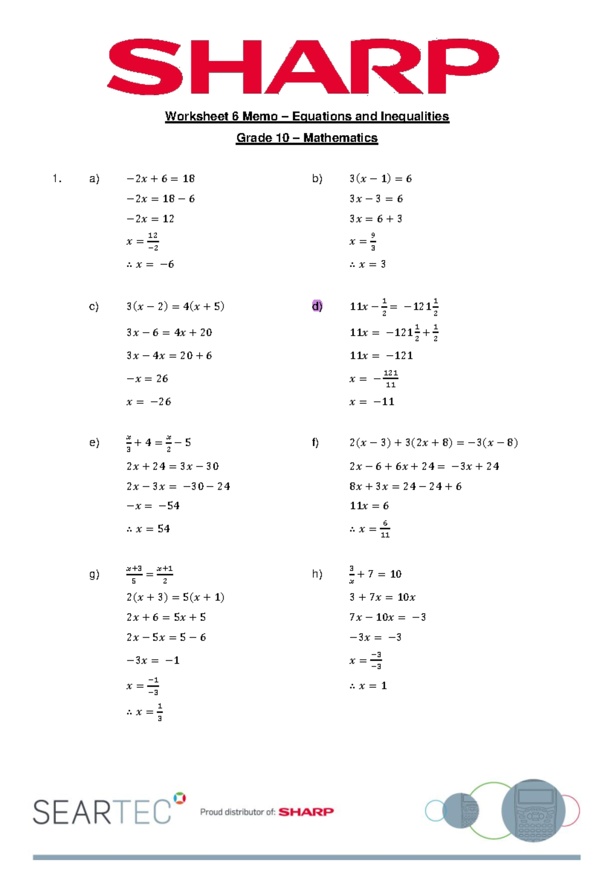 Worksheet 6 Memo Equations and Inequalities Grade 10 Mathematics ...