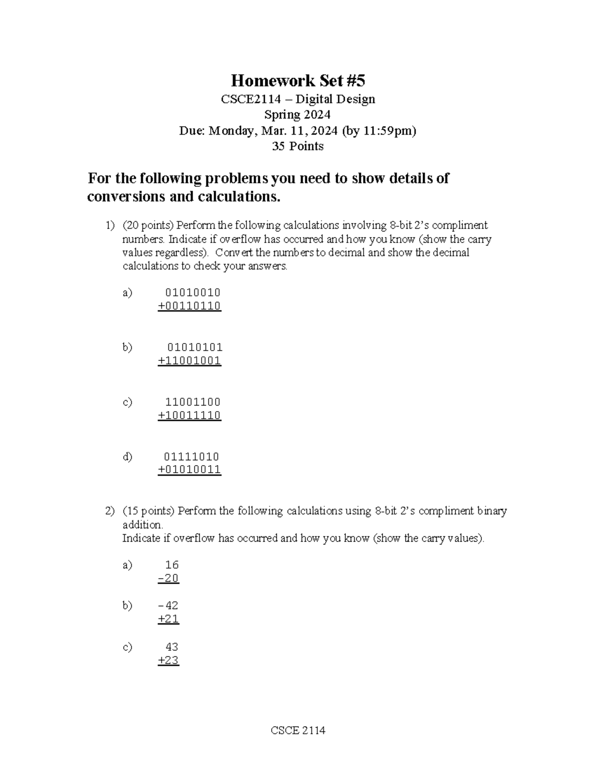 HW5 Spring 2024 - homework 5 - Homework Set CSCE2114 – Digital Design ...