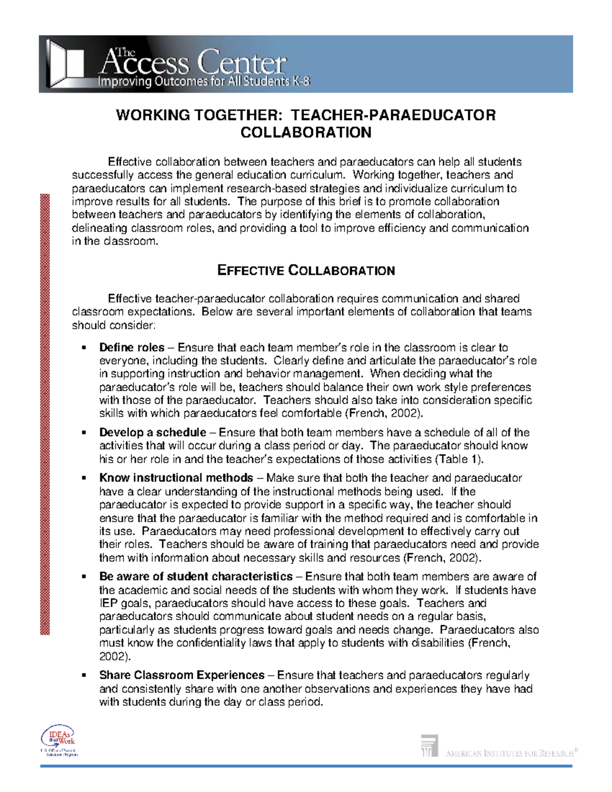 Tchr-Para Collaboration - WORKING TOGETHER: TEACHER-PARAEDUCATOR ...
