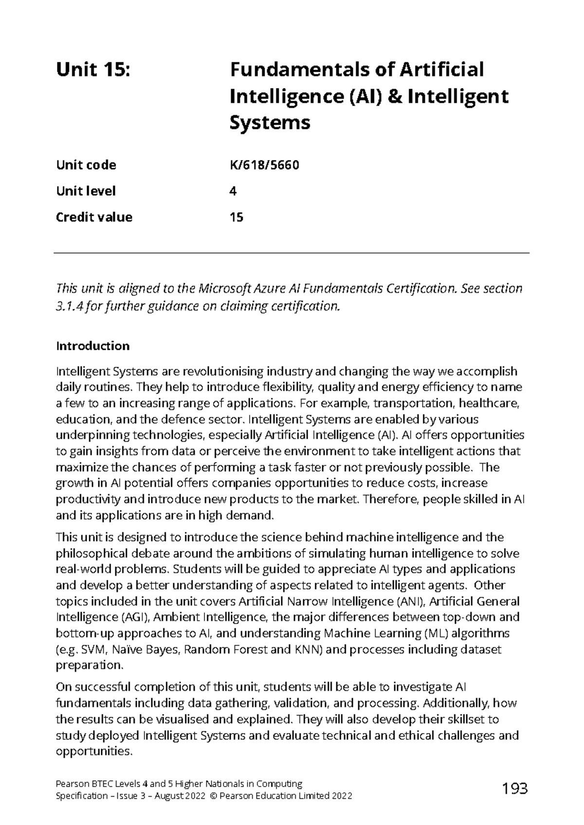 Unit 15 Fundamentals of Artificial Intelligence (AI) Intelligent ...