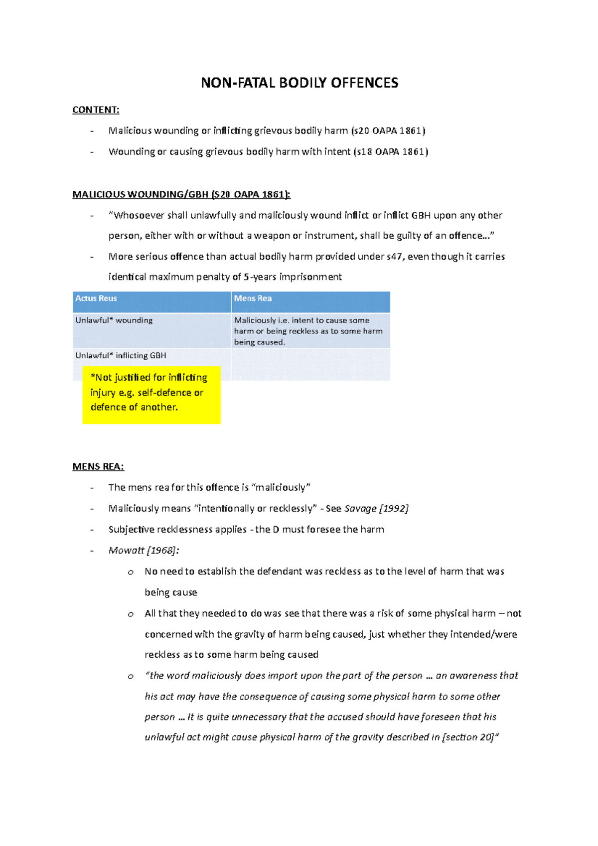 Non-Fatal Bodily Offences - NON-FATAL BODILY OFFENCES CONTENT ...