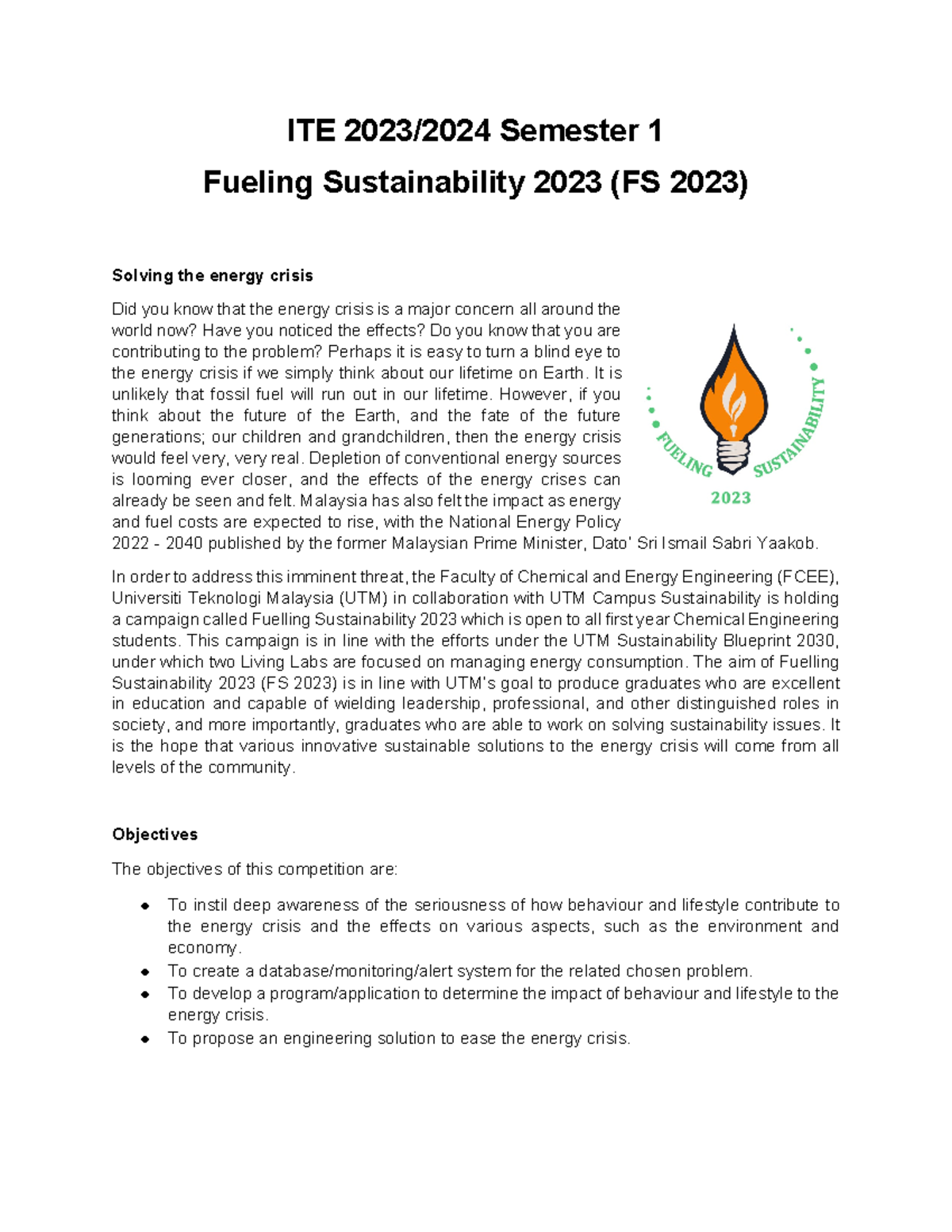 Fuelling Sustainability 2023 Stage 1 - ITE 2023/2024 Semester 1 Fueling ...