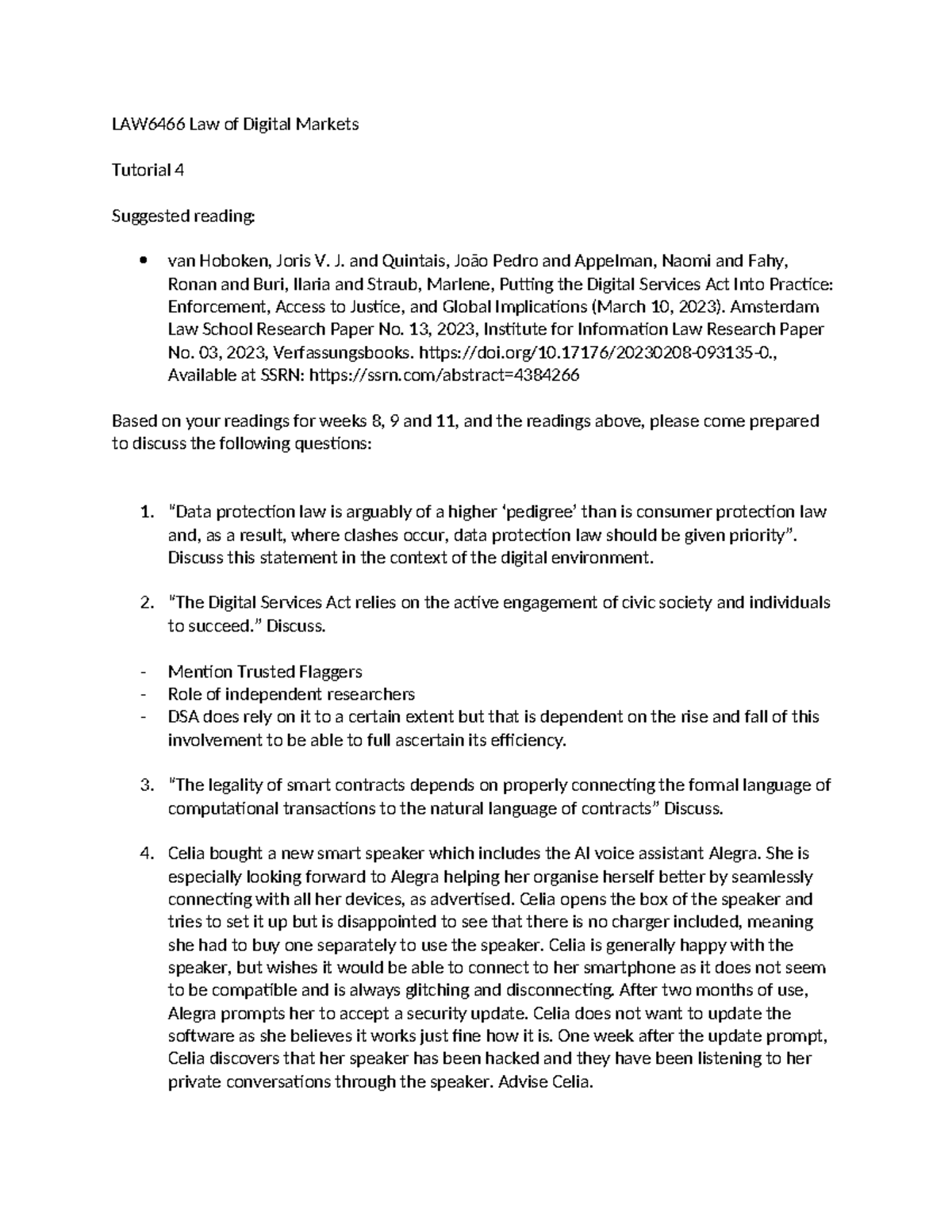 Tutorial 4 6466 - LAW6466 Law of Digital Markets Tutorial 4 Suggested reading: van Hoboken ...