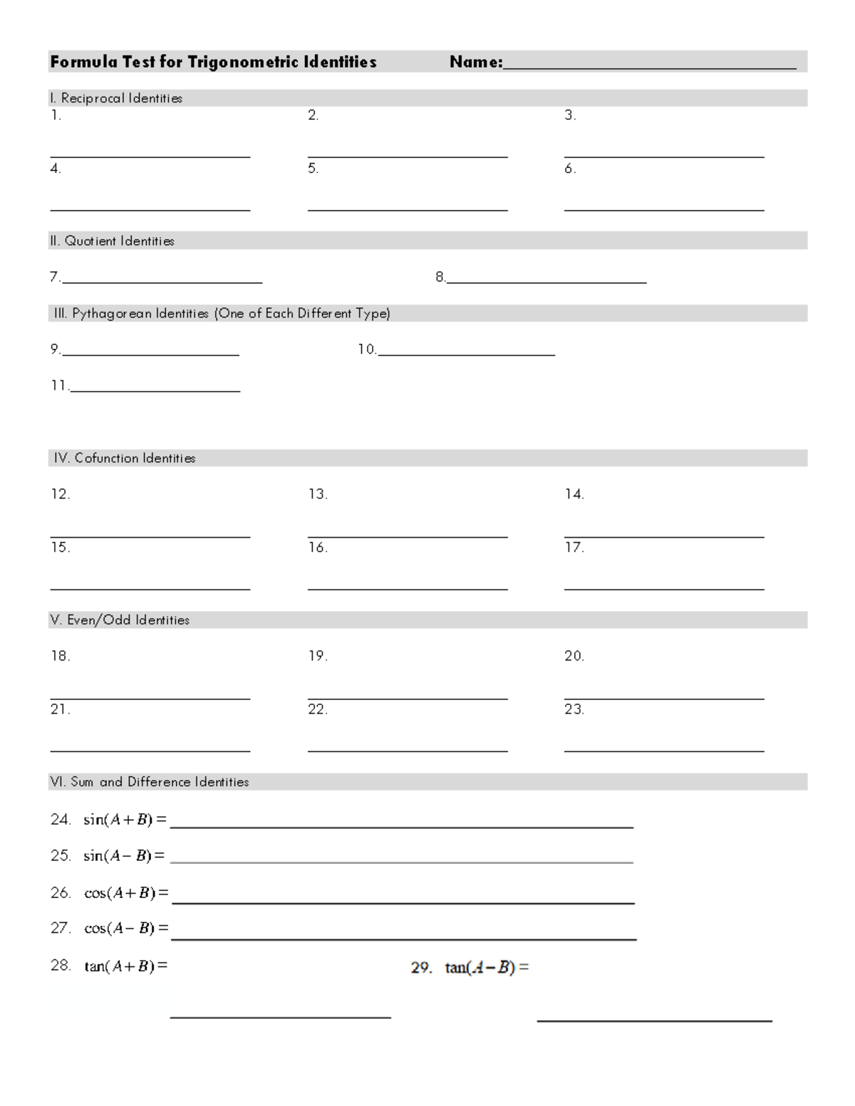 Trigonometric Identities Sheet - Formula Test for Trigonometric ...