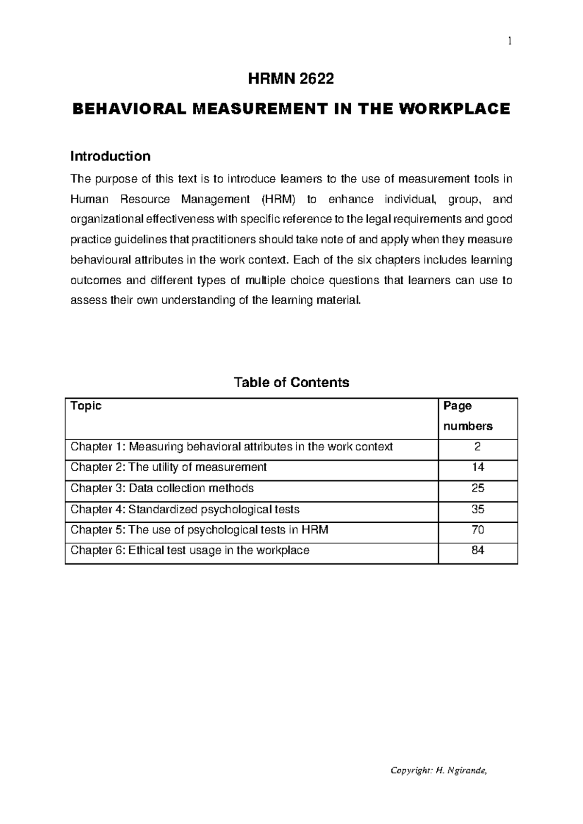 HRMN 222- Learning Material - HRMN 2622 BEHAVIORAL MEASUREMENT IN THE ...