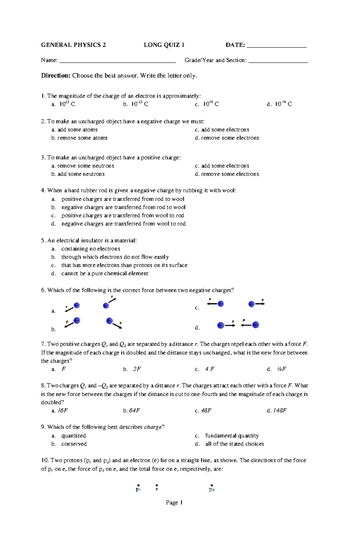Physics 2 - Long Quiz - Exam - GENERAL PHYSICS 2 LONG QUIZ 1 DATE ...