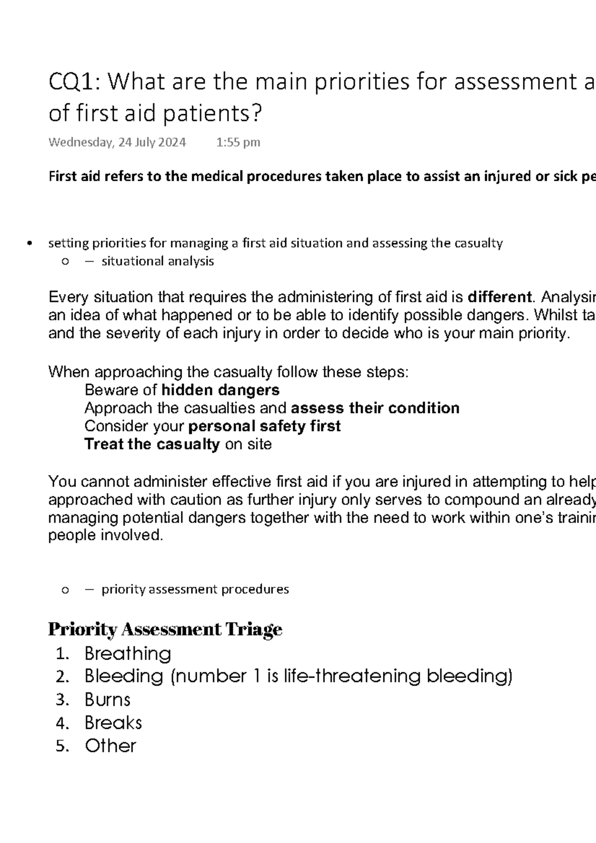 CQ1 What are the main priorities for assessment and management of first ...