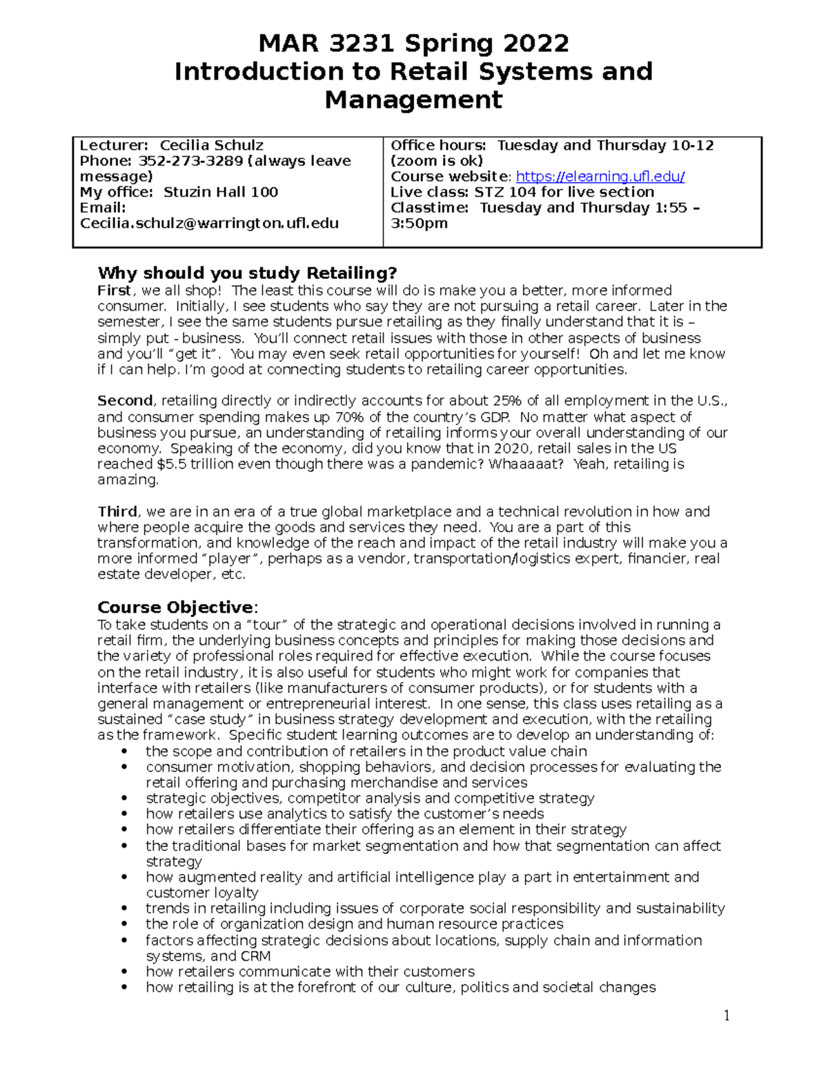 MAR3231 Syllabus spring 2022 with added annotations - MAR 3231 Spring ...