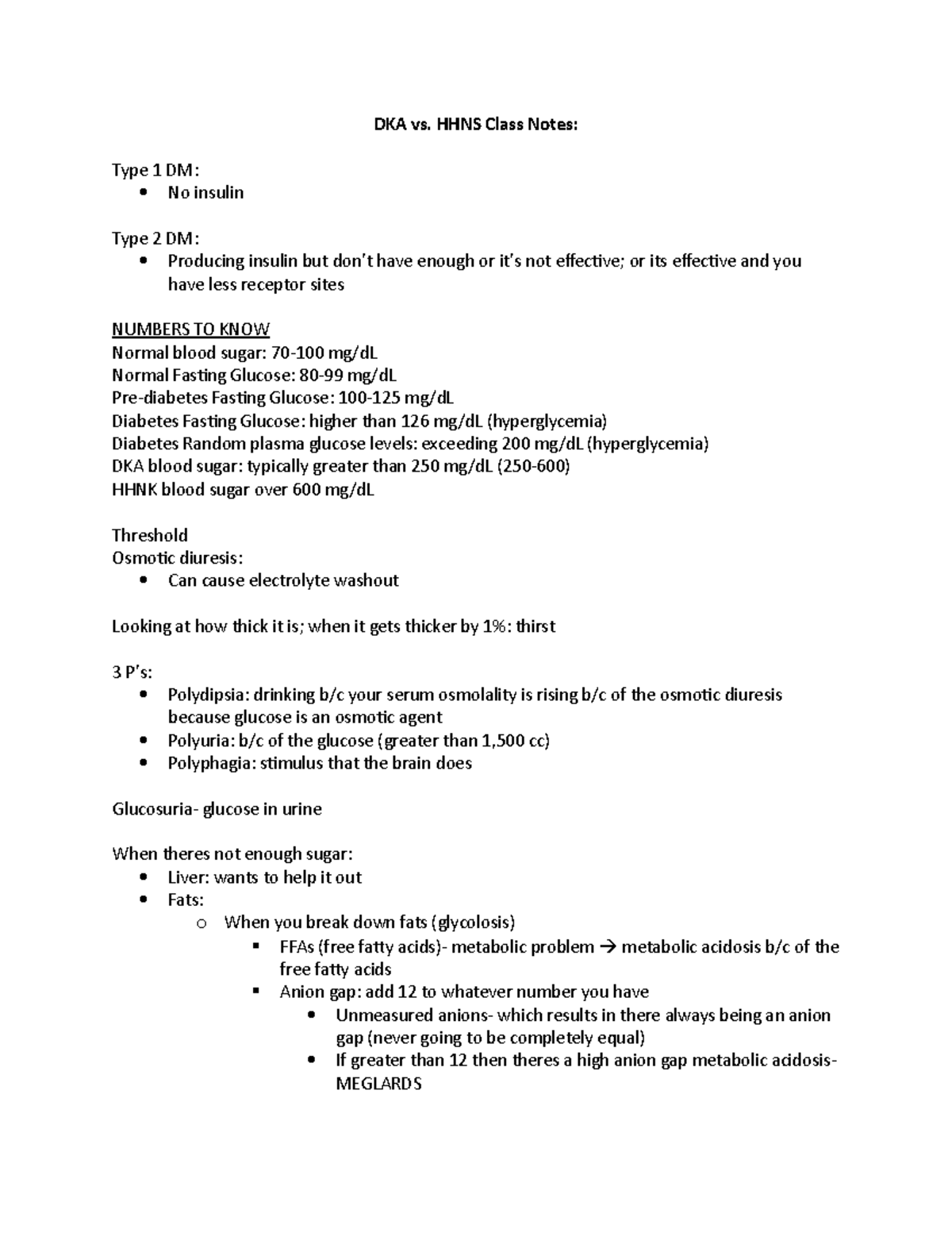 DKA vs HHNS - Lecture notes #9 - DKA vs. HHNS Class Notes: Type 1 DM ...
