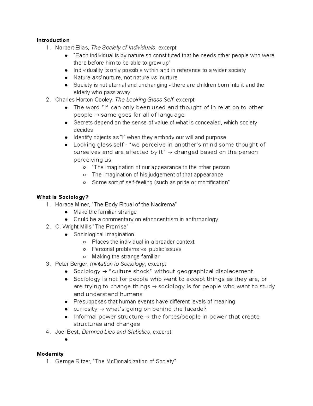 SOC 1010 Review Midterm 1 - Introduction 1. Norbert Elias, The Society ...