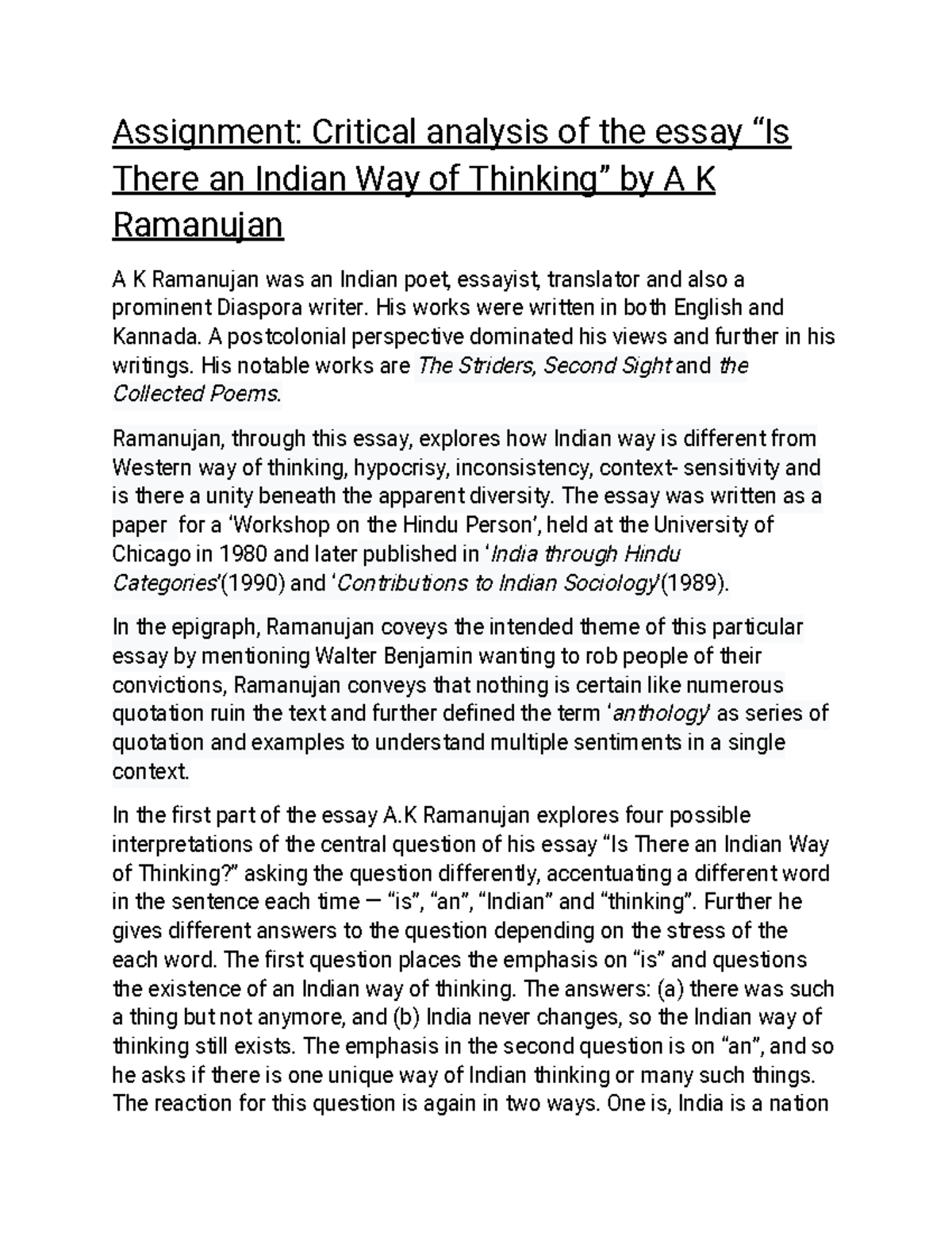 A K Ramanujan's Is there an Indian way of thinking - Assignment ...
