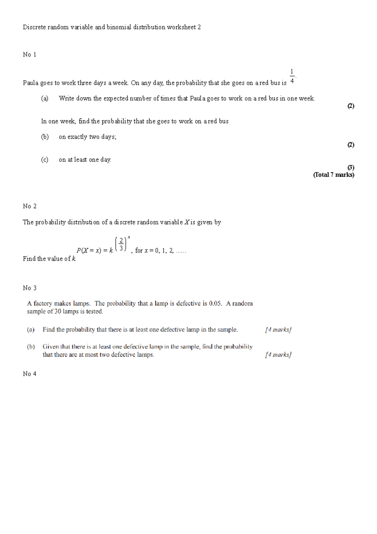 Discrete Random Variable And Binomial Distribution Worksheet 2 On Any