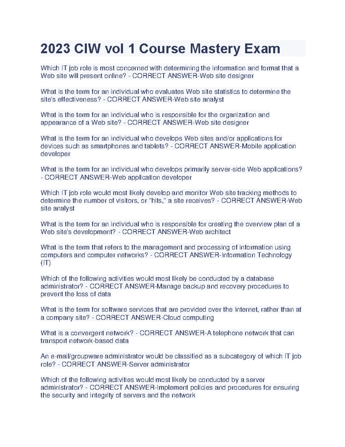 2023 CIW vol 1 Course Mastery Exam - 2023 CIW vol 1 Course Mastery Exam ...