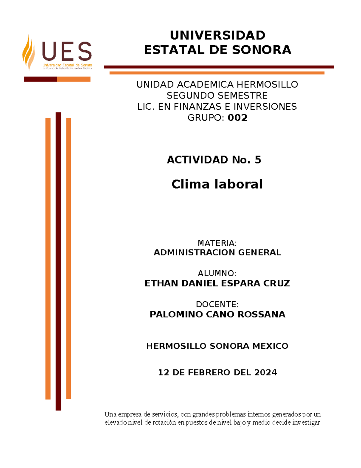 Portada UES - UNIVERSIDAD ESTATAL DE SONORA UNIDAD ACADEMICA HERMOSILLO ...