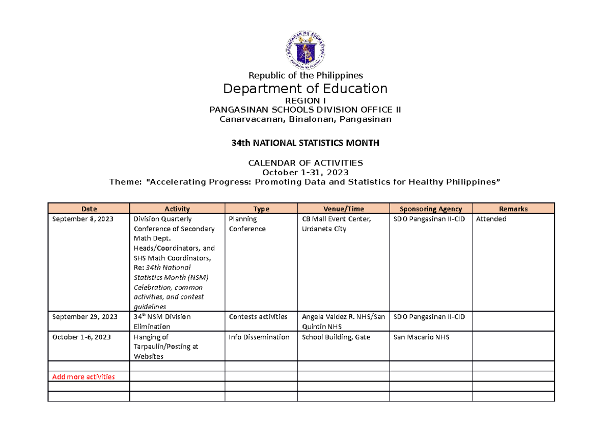 34th-NSM-Calendar-of-Activities - Republic of the Philippines ...