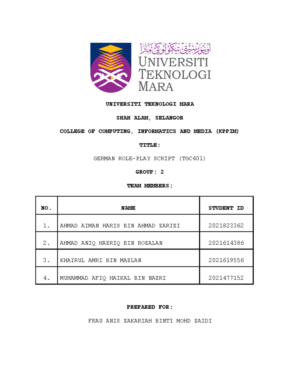 German Script (Final Draft) - Group 2 - UNIVERSITI TEKNOLOGI MARA SHAH ...