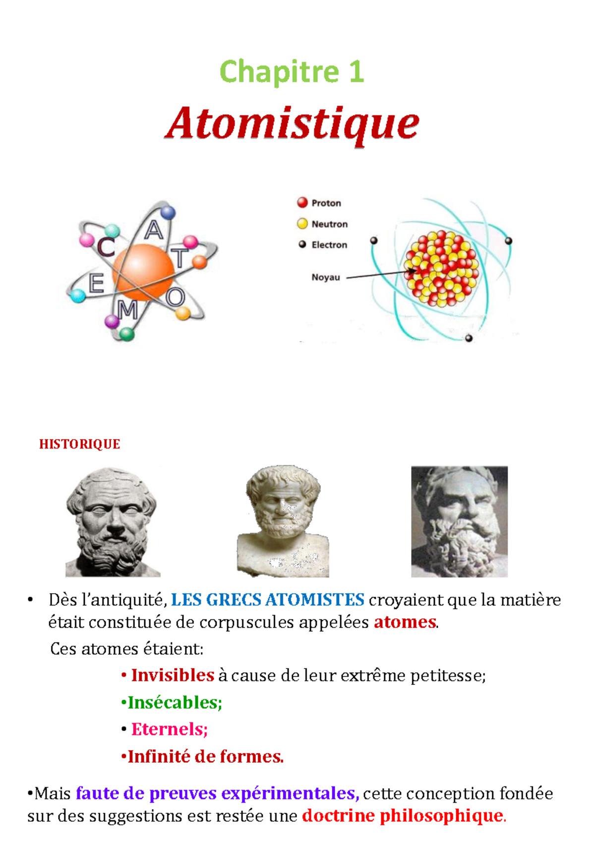 Chimie générale: Atomistique chapitre 1 - Atomistique Chapitre 1 • Dès l’antiquité, LES GRECS ...