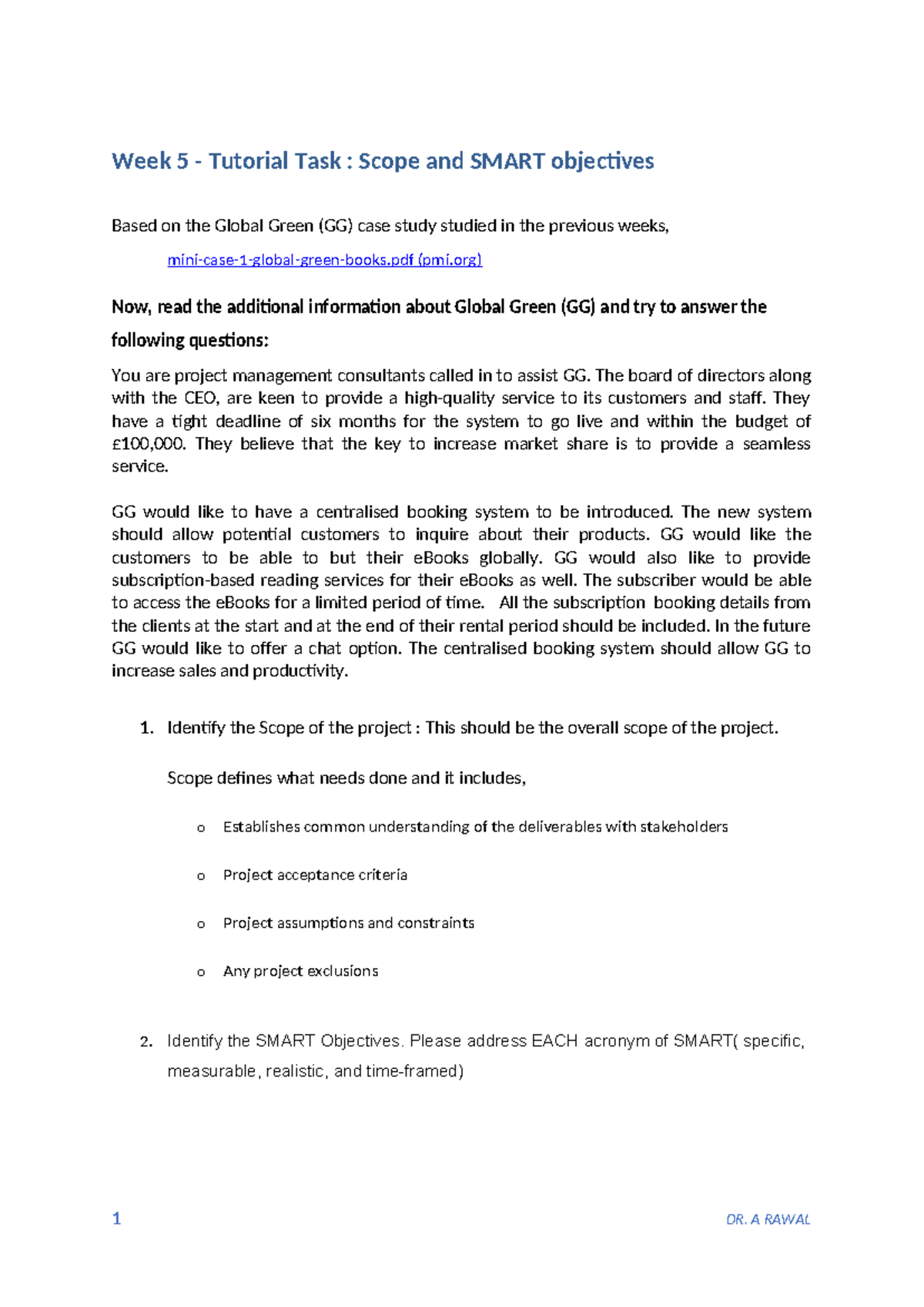 Week 5 - Tutorial Task - Scope and Smart objectives - Week 5 - Tutorial Task : Scope and SMART ...