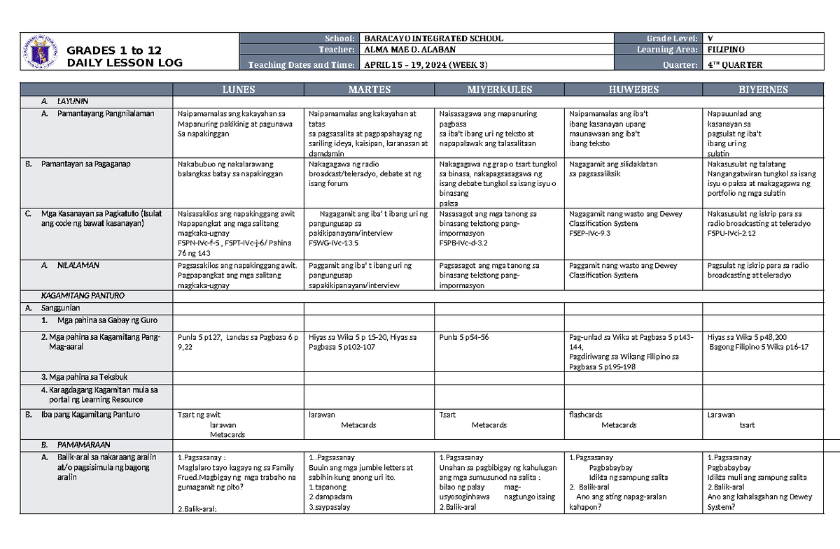 DLL Filipino 5 Q4 W3 - GRADES 1 to 12 DAILY LESSON LOG School: BARACAYO ...
