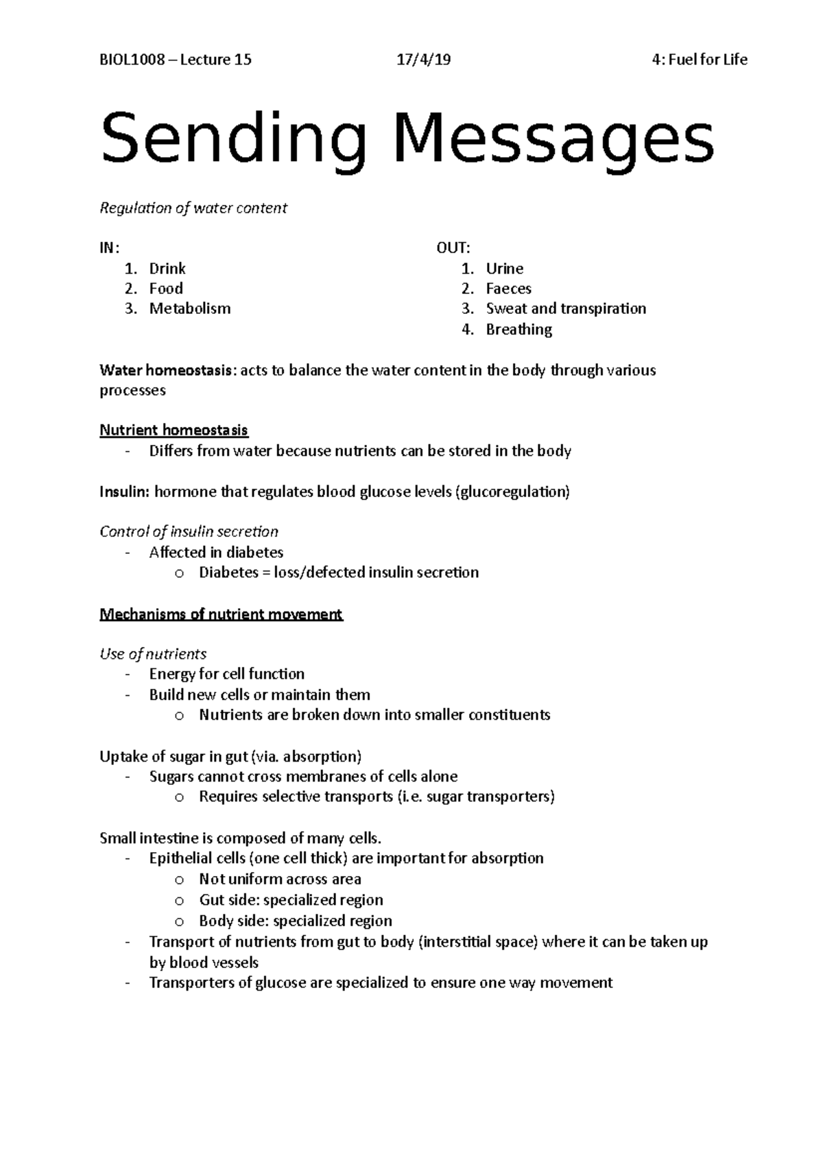 Lecture 15 - Sending Messages - BIOL1008 – Lecture 15 17/4/19 4: Fuel ...