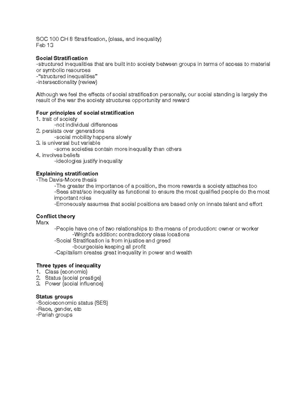 SOC 100 CH 8 - SOC 100 CHAPTER NOTES - SOC 100 CH 8 Stratification ...